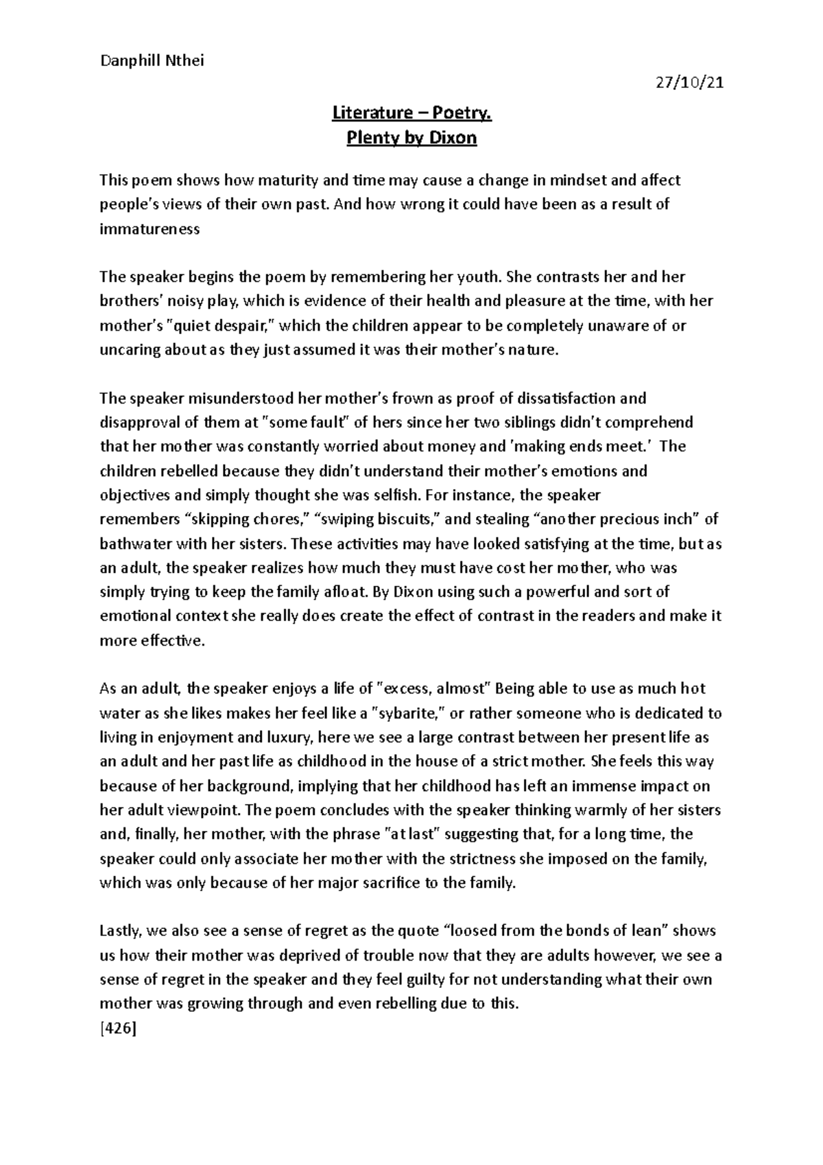 Literature – Poetry -"Plenty" - Danphill Nthei 27/10/ Literature ...