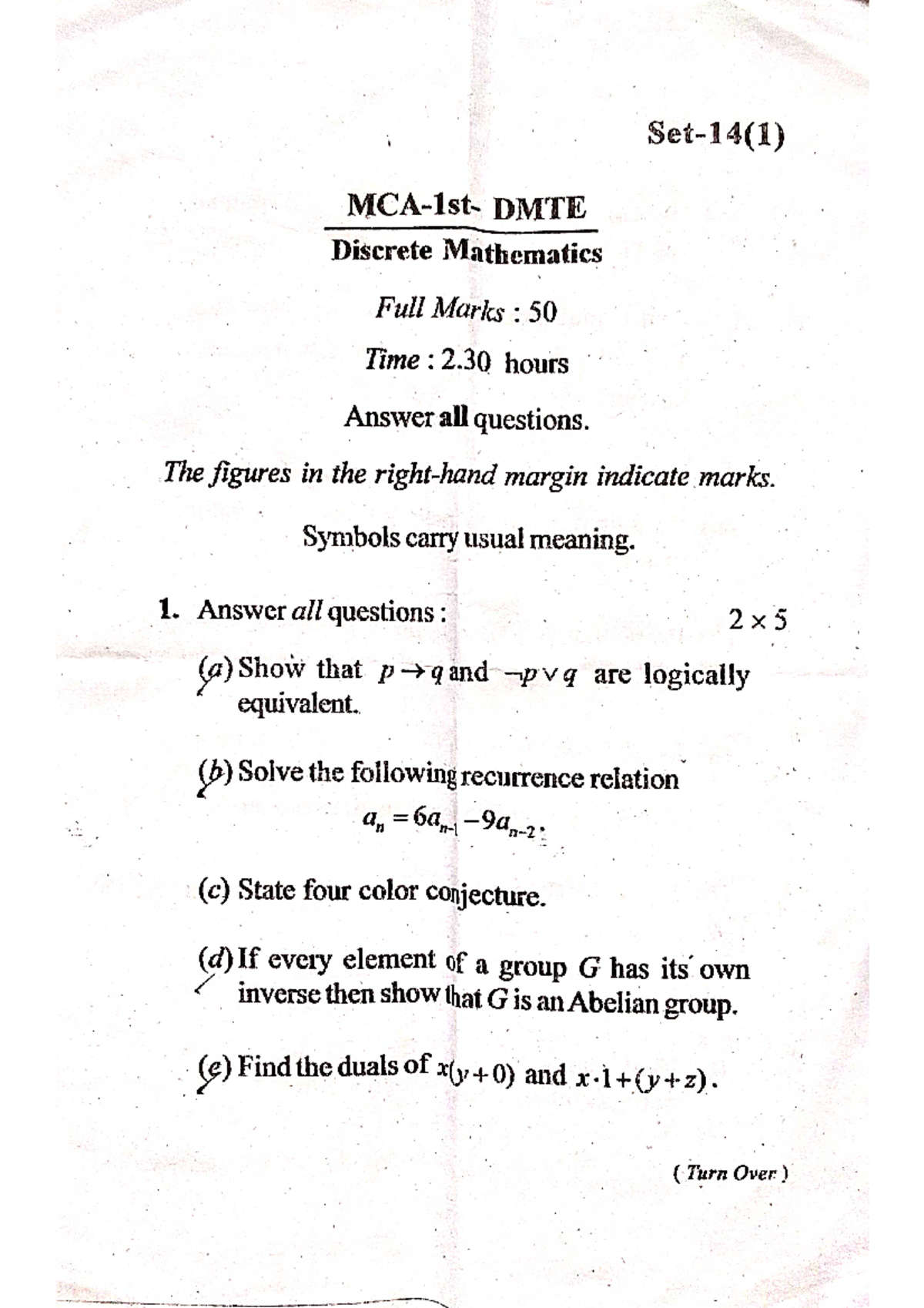 DM - Question Paper - DMTE Discrete Mathematics Full Marks : 50 Time ...
