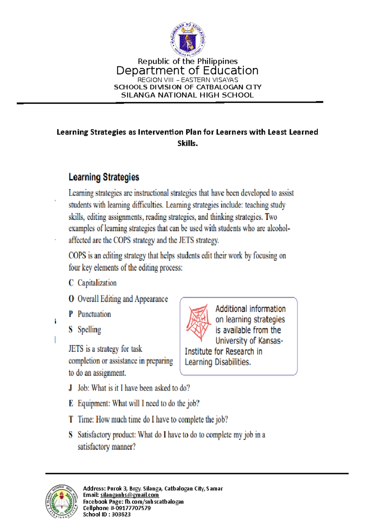 Intervention PLAN - Monthly Report - Department of Education REGION ...