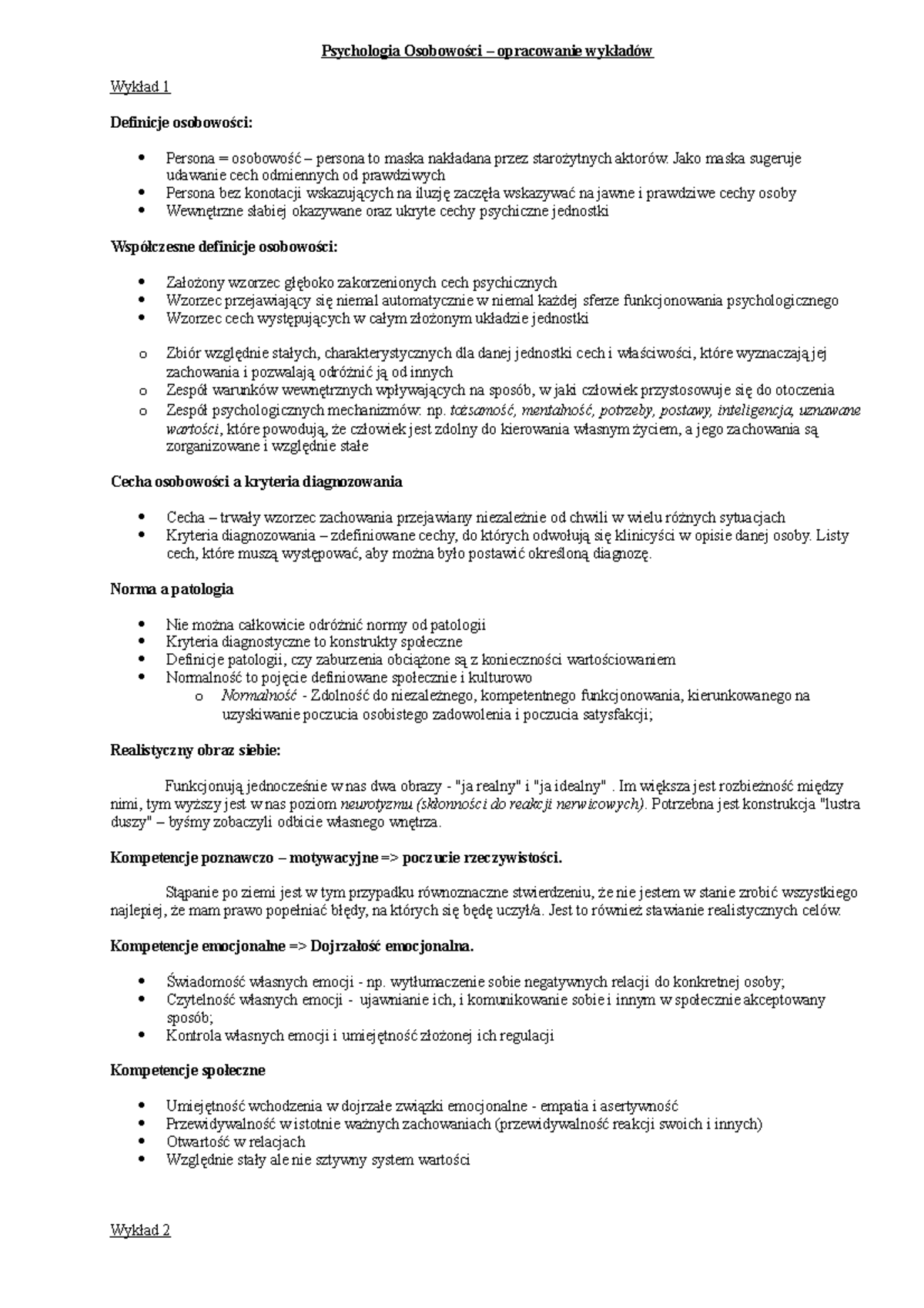 Psychologia osobowosci - podsumowanie - Psychologia Osobowości – opracowanie wykładów Wykład 1 ...