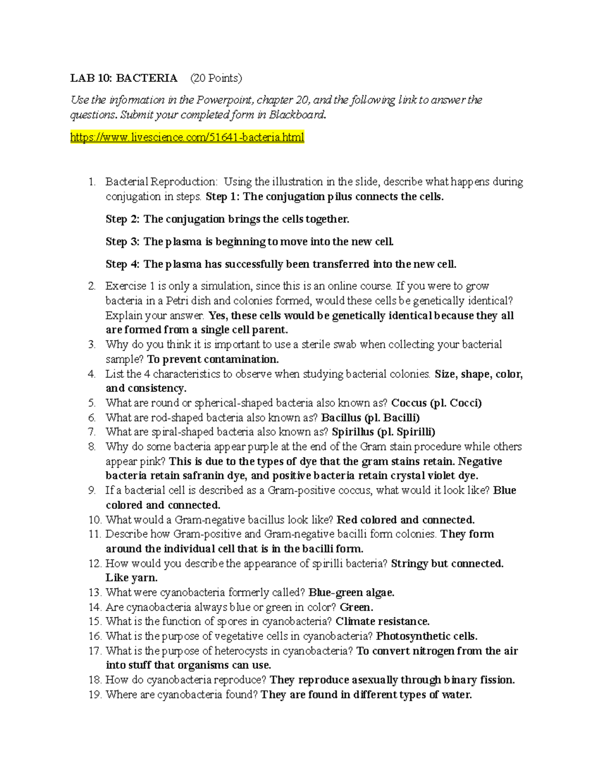 Lab 10 Bacteria Questions - BIO 103 - Gadsden State - Studocu