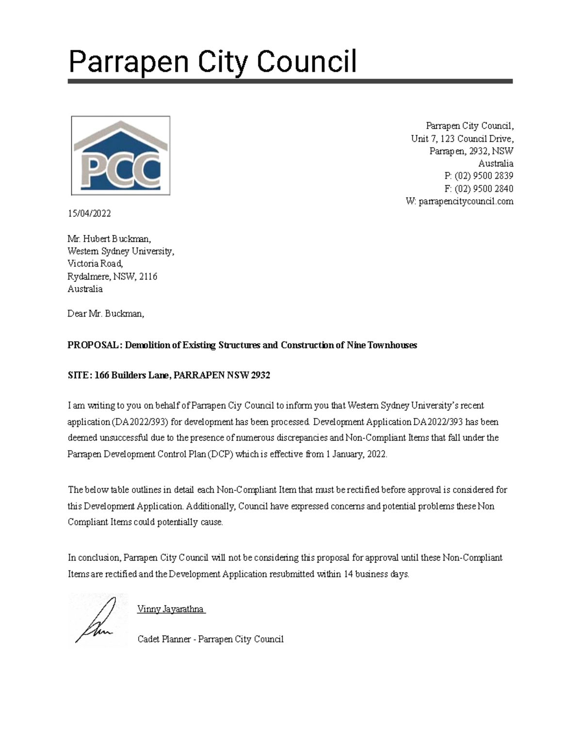 Assessment 1 - Parrapen City Council Letter and DCP References ...