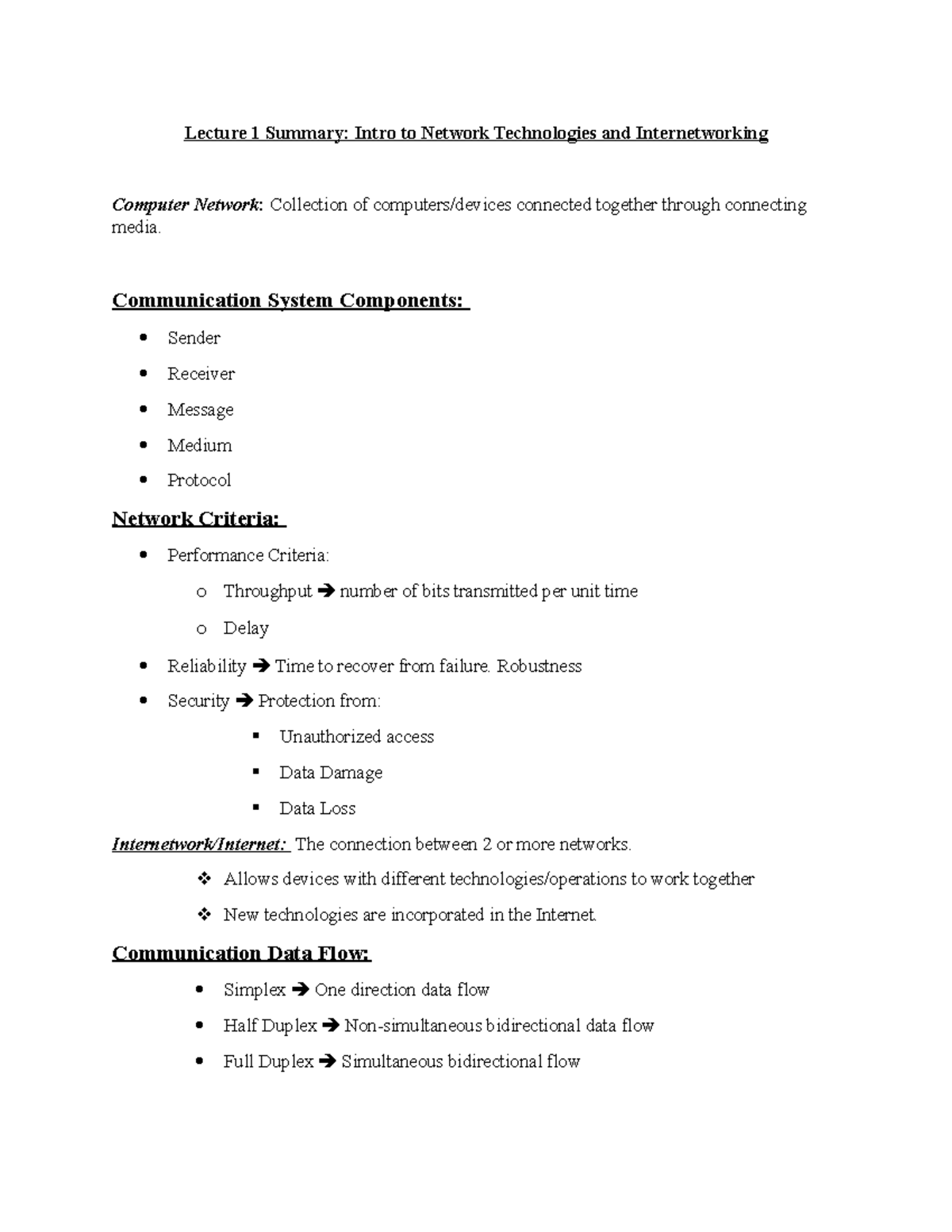 Lecture 1 Summarynotes Lecture 1 Summary Intro To Network Technologies And Internetworking