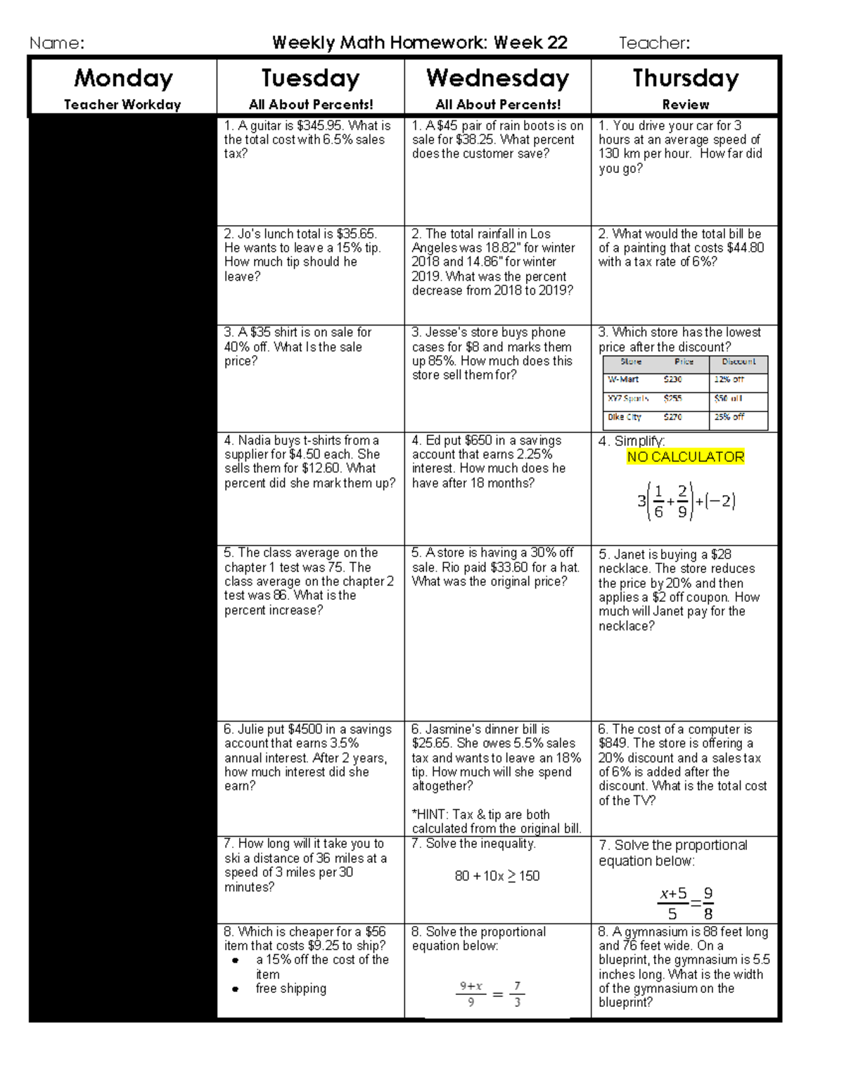 Week 22 - dgggfz - Name: Weekly Math Homework: Week 22 Teacher: Monday ...