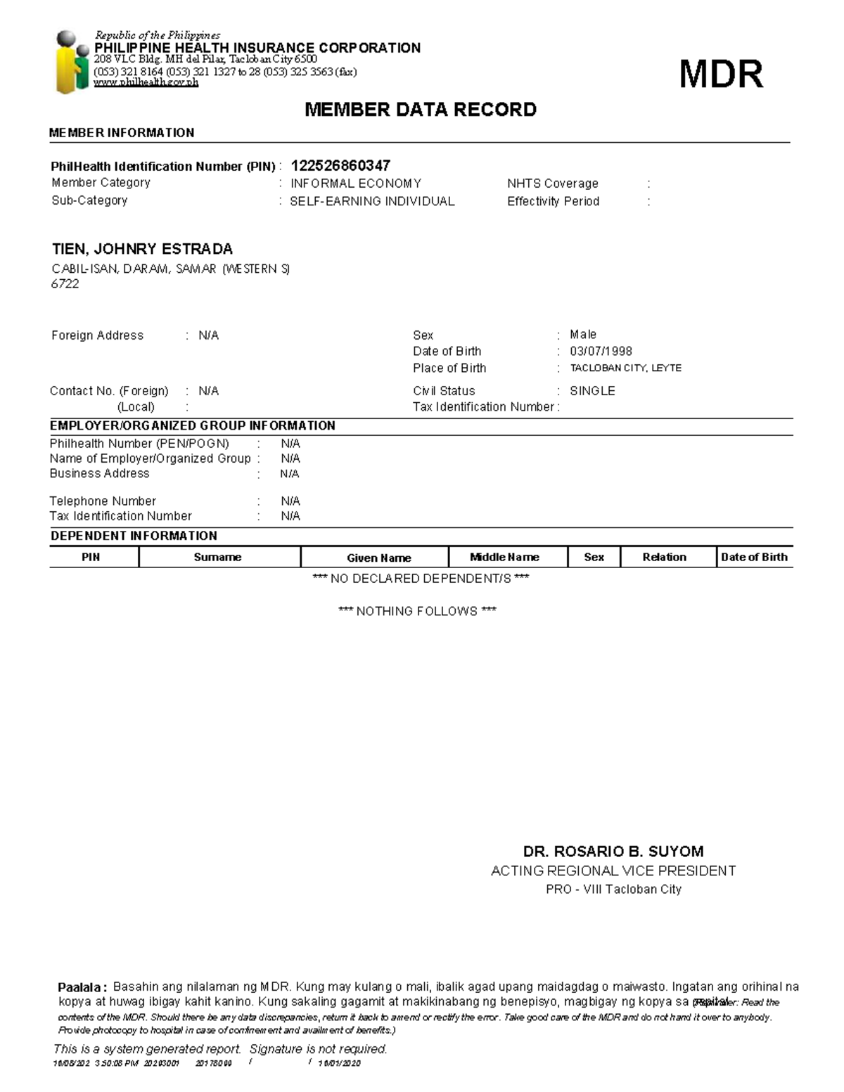 TIEN MDR - none - PhilHealth Identification Number (PIN) 122526860347 ...