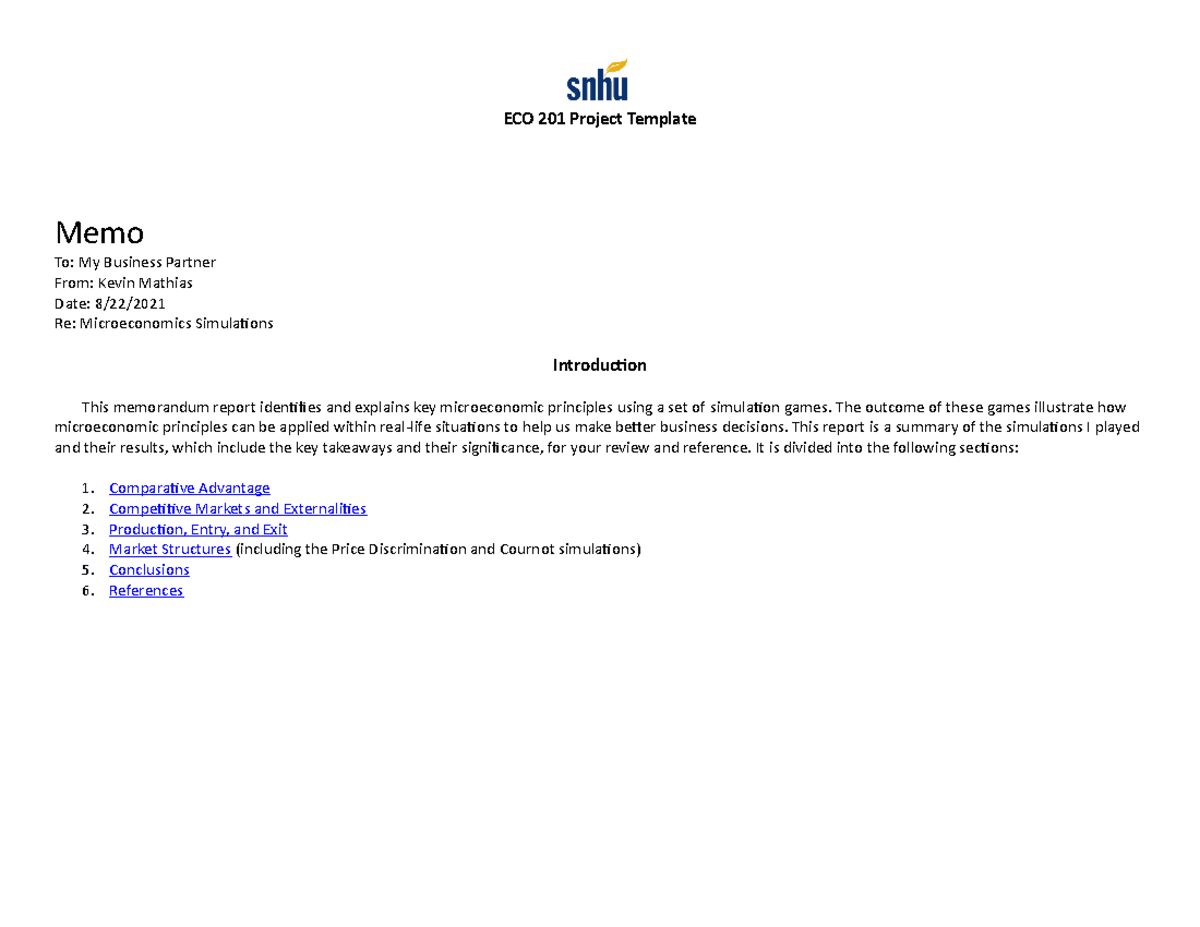 Final Project - ECO 201 Project Template Memo To: My Business Partner ...