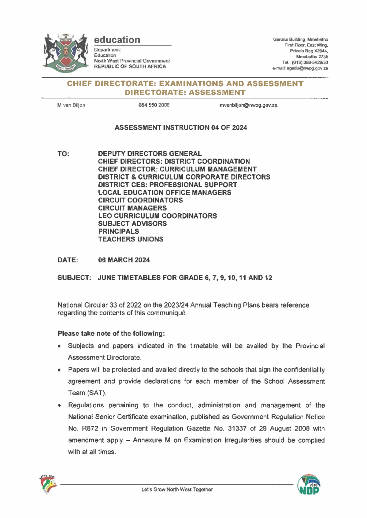 Assessment Instruction 4 OF 2024 JUNE Timetable FOR Grade 6, 7, 9, 10 ...