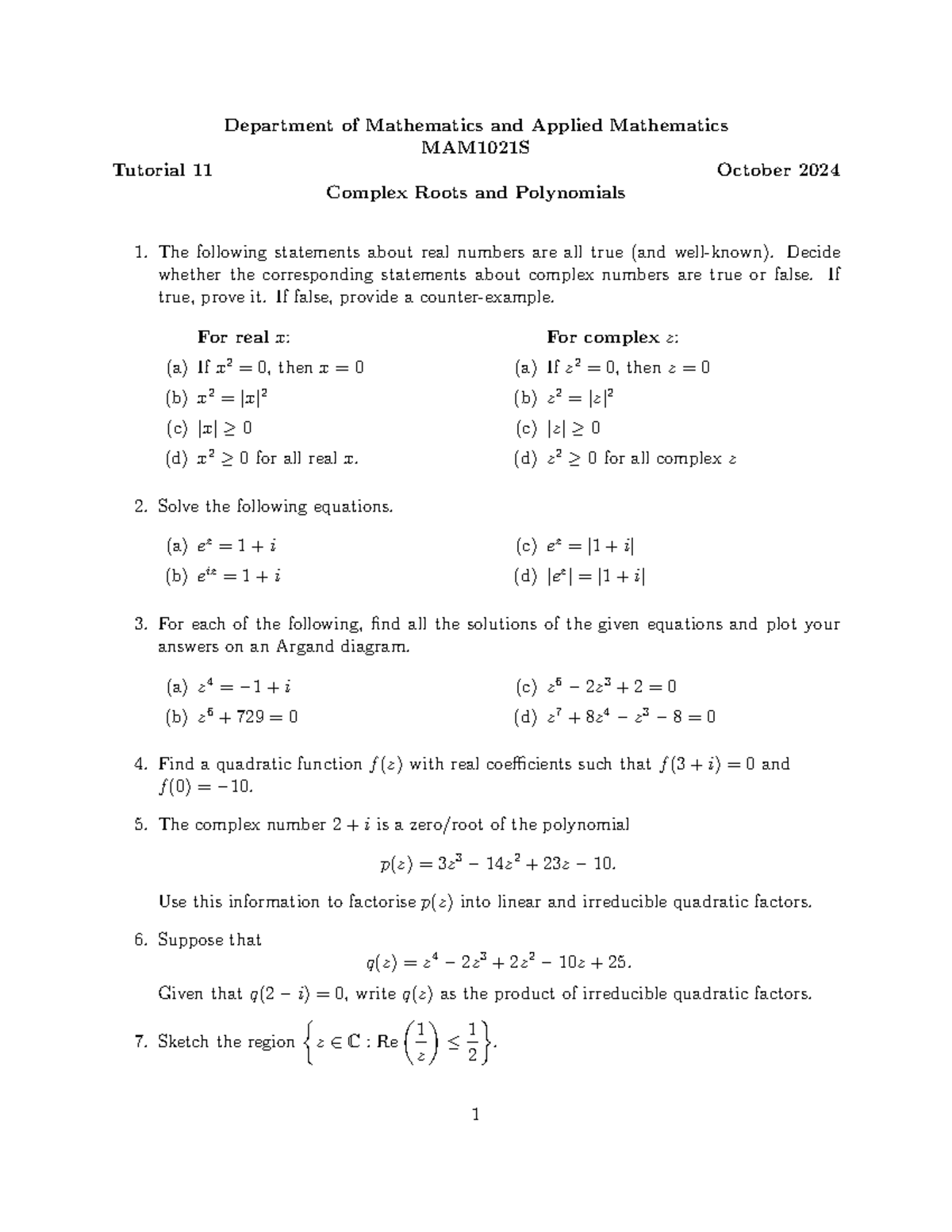 Tutorial 11 - Complex Roots And Polynomials - Department of Mathematics ...