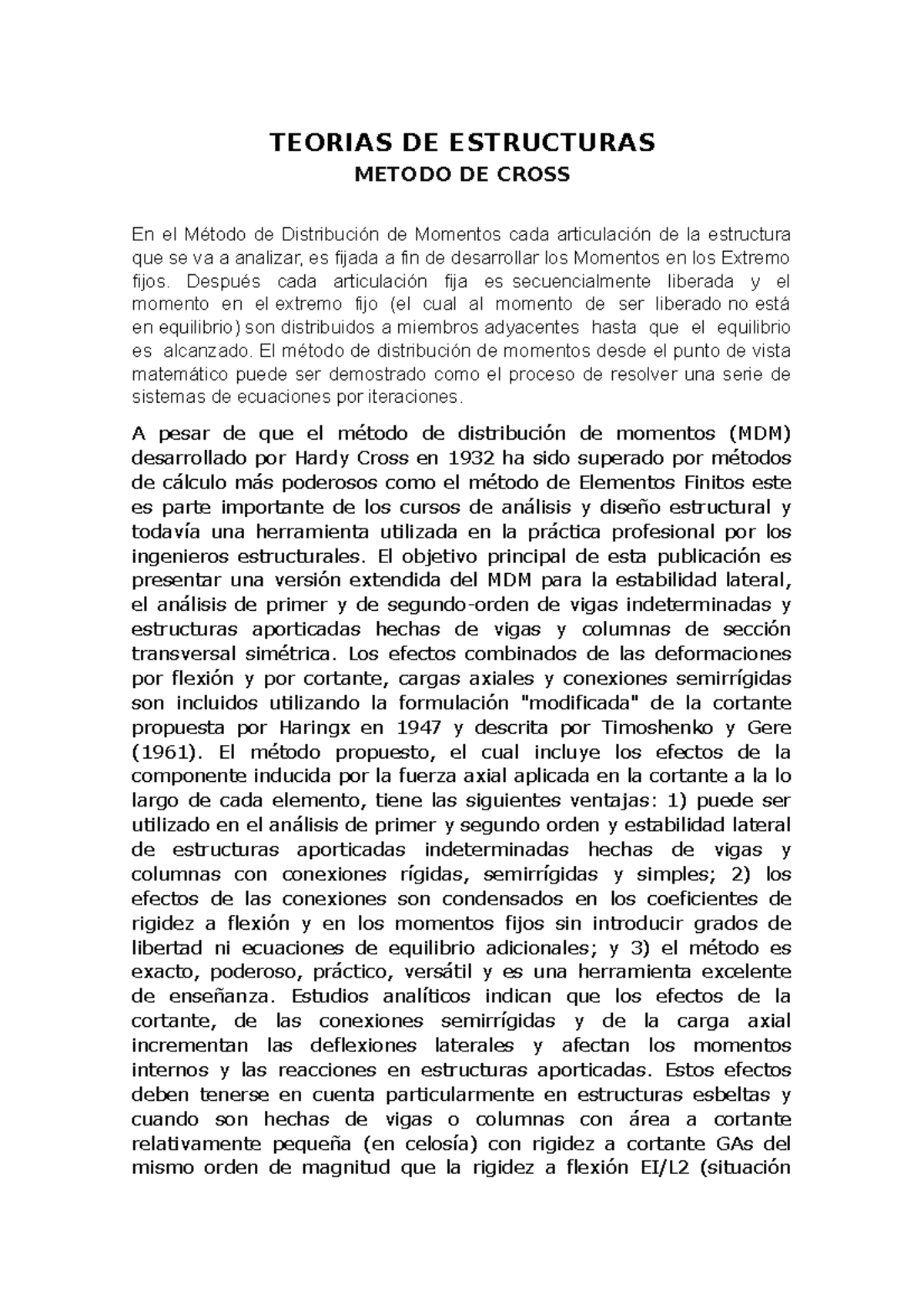 Metodo de cross - TEORIAS DE ESTRUCTURAS METODO DE CROSS En el Método ...