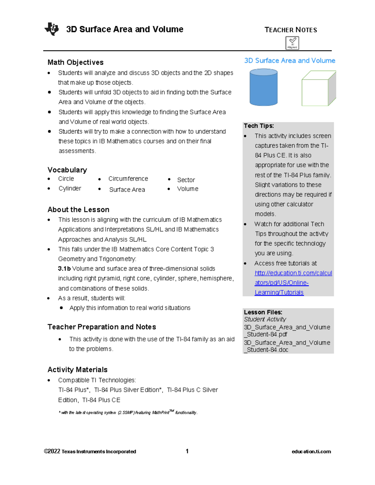 84 3D Surface Area Volume teacher PDF - Math Objectives Students will ...