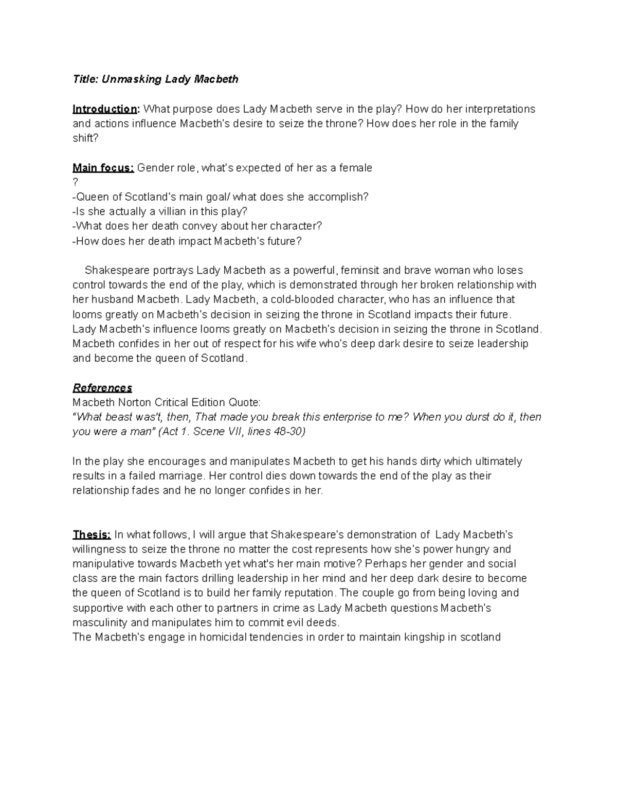 Essay Blueprint - Title: Unmasking Lady Macbeth Introduction: What ...