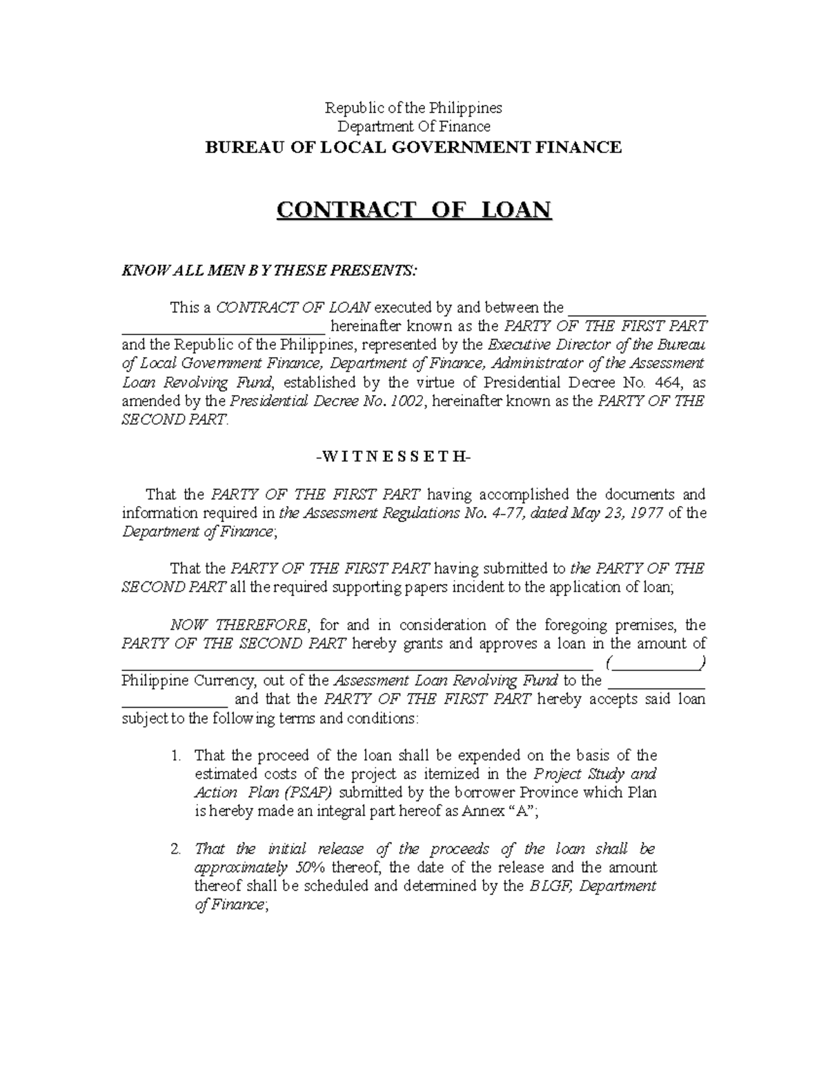 Contract - erwqer - Republic of the Philippines Department Of Finance BUREAU OF LOCAL GOVERNMENT ...