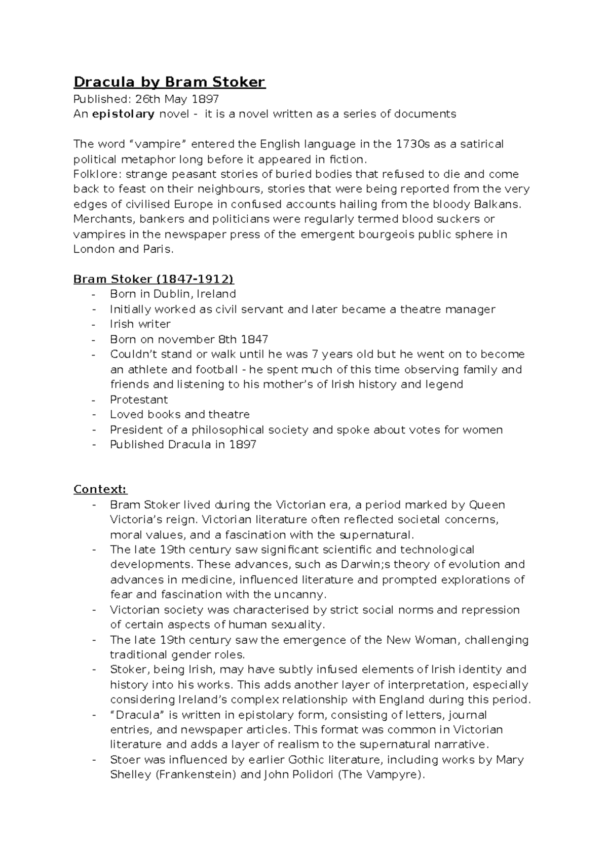 Dracula by Bram Stoker Notes - Dracula by Bram Stoker Published: 26th ...