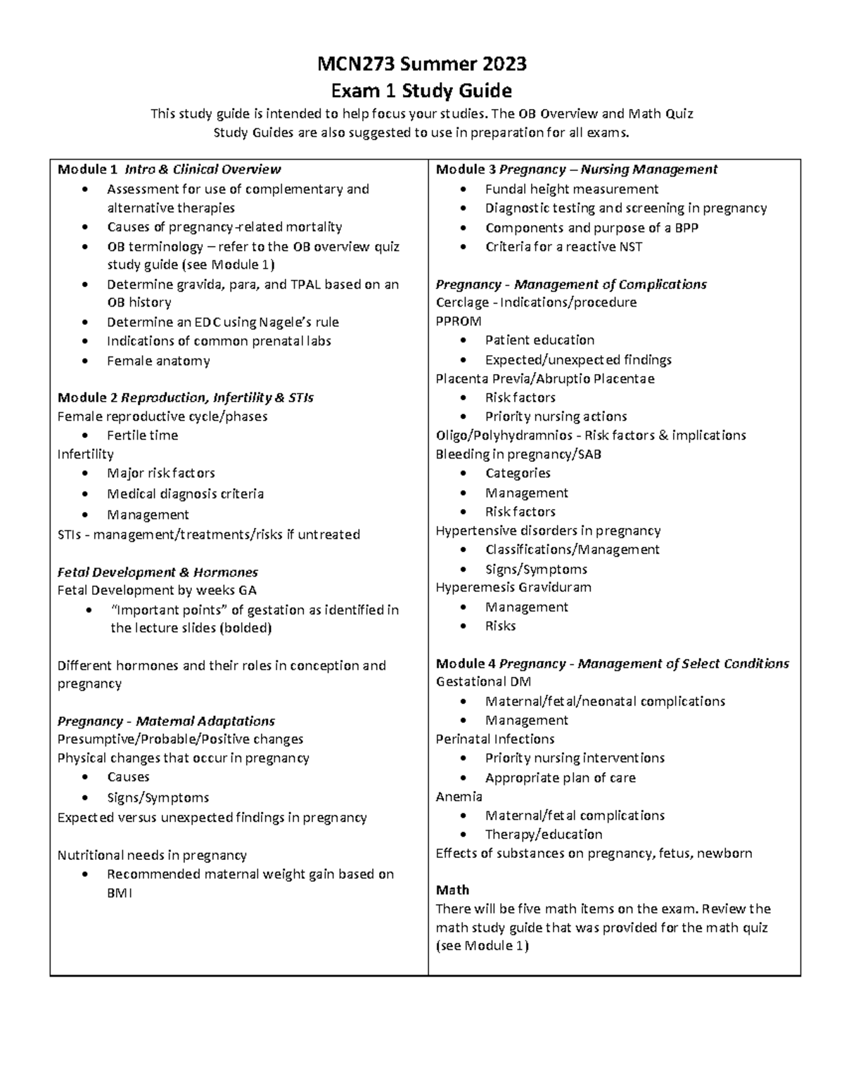 MCN273 Exam 1 Study Guide SU23 Habsn - MCN273 Summer 2023 Exam 1 Study ...