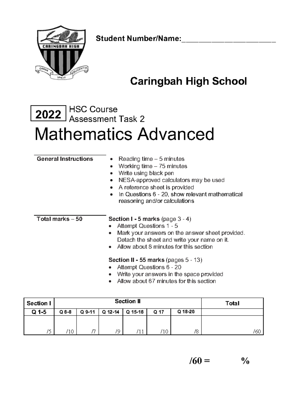 2022 Year 12 Mathematics Advanced AT2 Exam - HSC Course Assessment Task ...