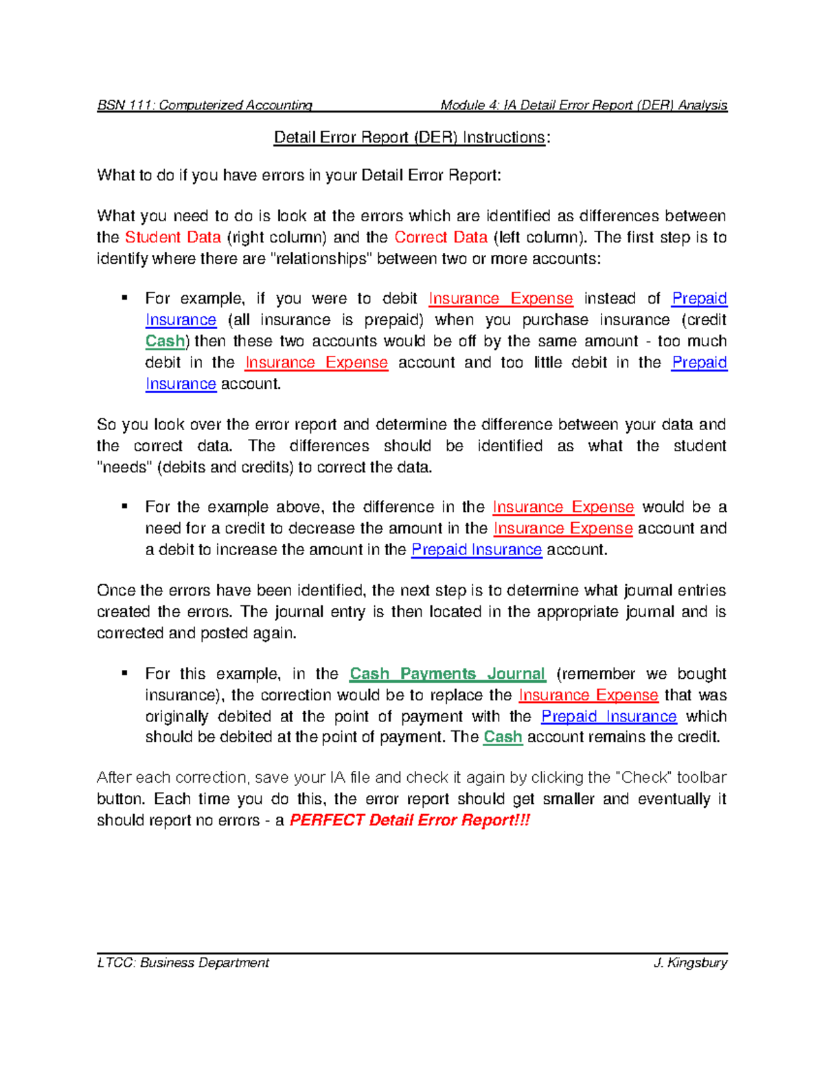 DER Error Report Instructions - BSN 111: Computerized Accounting Module ...
