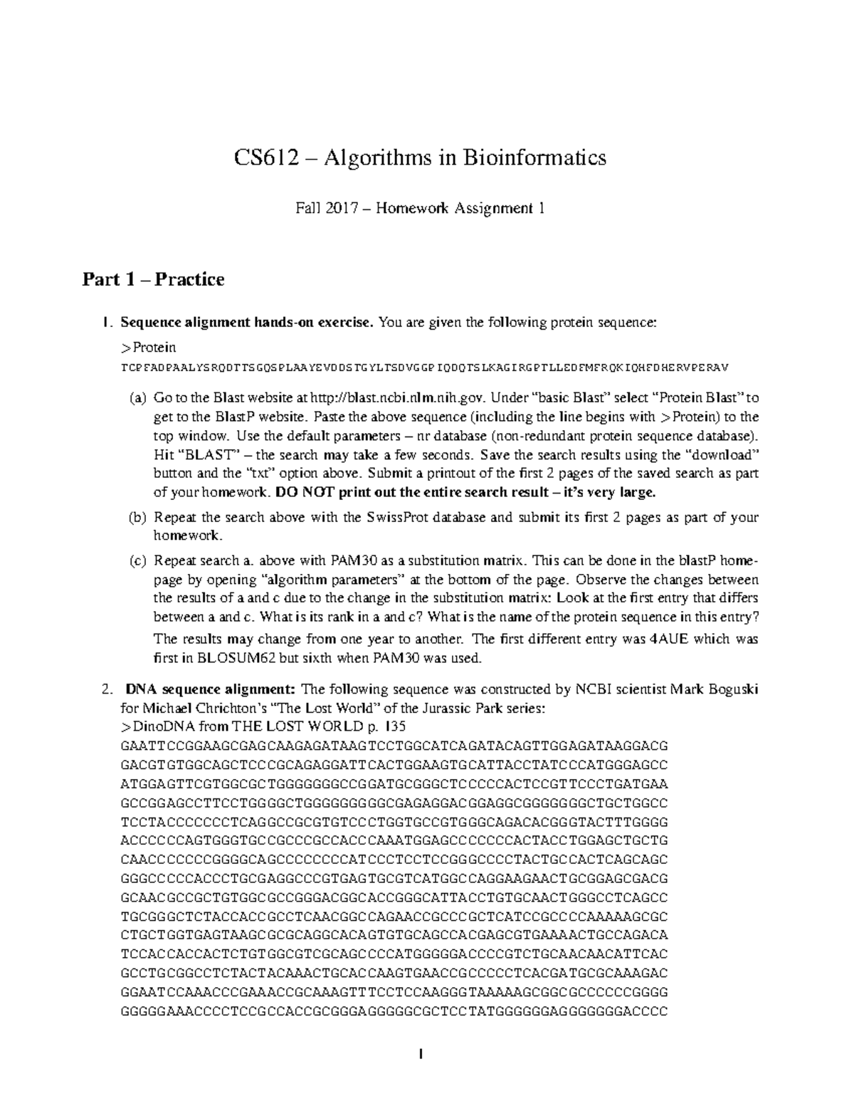 Hw1 2017 sol - CS612 – Algorithms in Bioinformatics Fall 2017 – Homework Assignment 1 Part 1 ...
