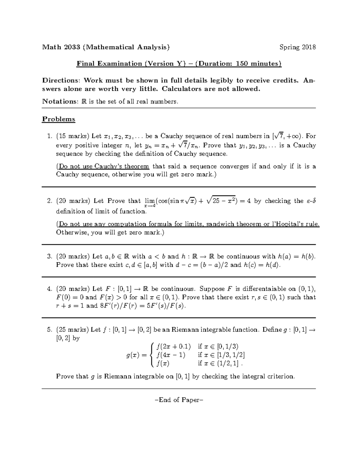 2018 final - assignments - Math 2033 (Mathematical Analysis) Spring 2018 Final Examination ...