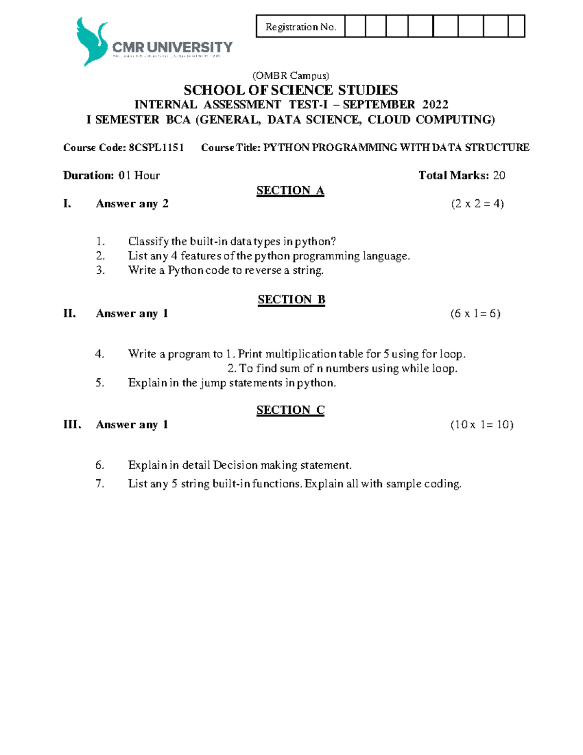 I BCA Python Internal Assessment Test-1 22-25 - (OMBR Campus) SCHOOL OF ...