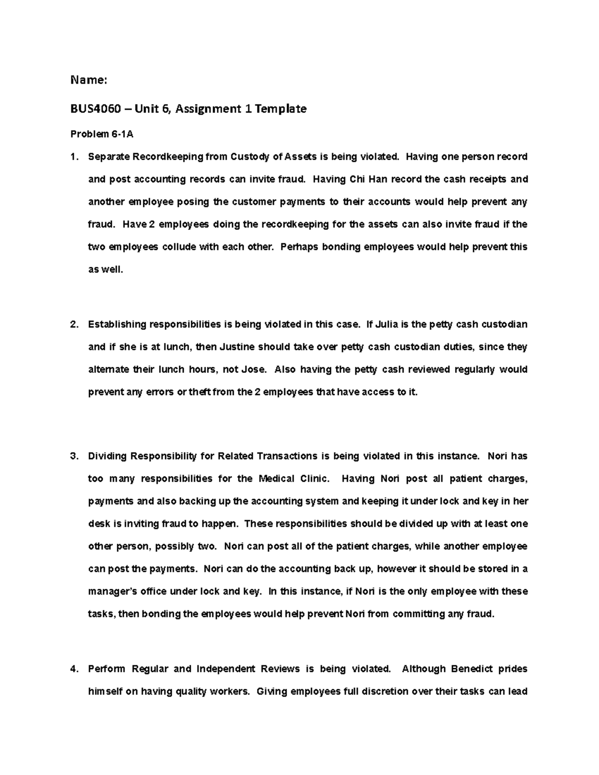 U06a1 - unit 6 - Name: BUS4060 – Unit 6, Assignment 1 Template Problem 6-1A Separate ...