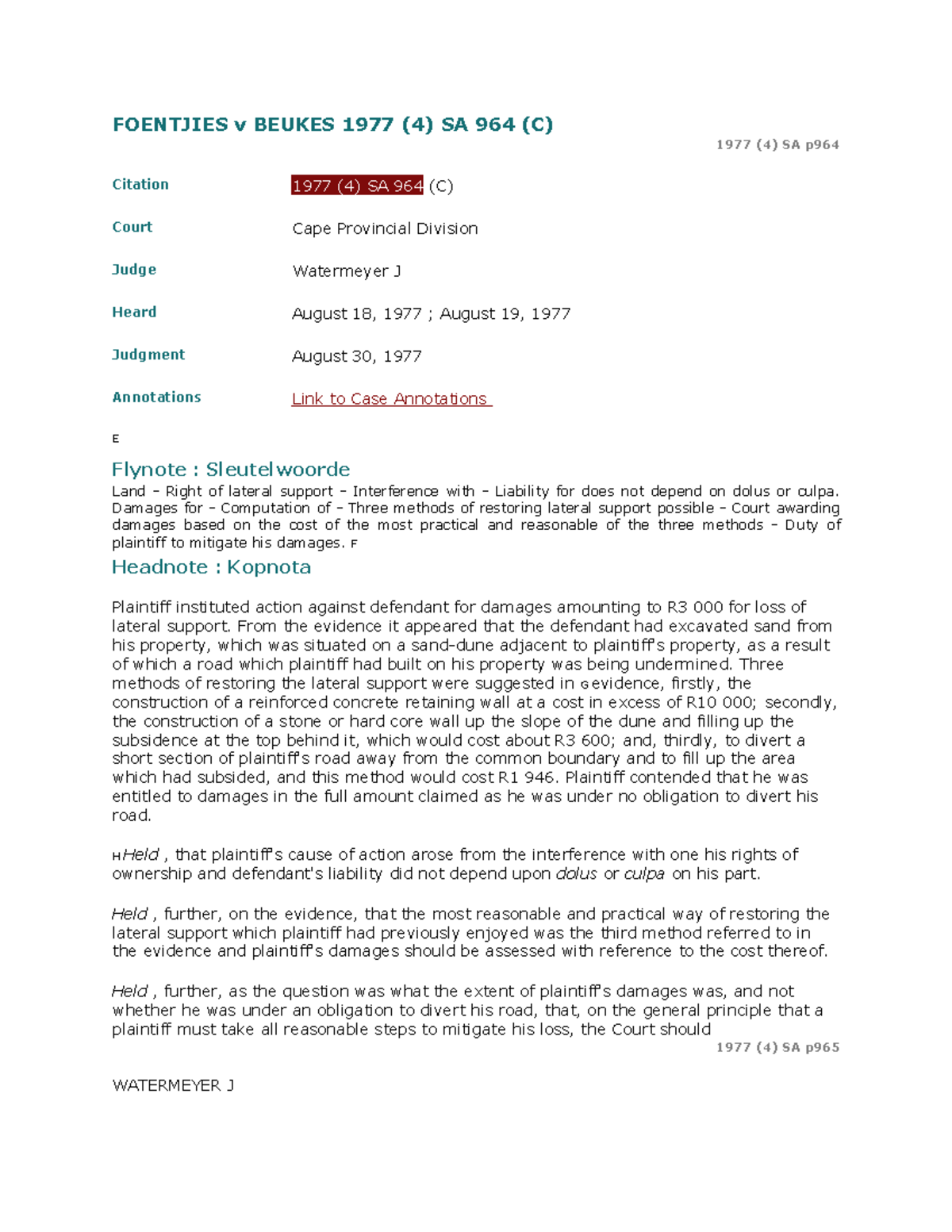 Foentjies v Beukes 1977 - FOENTJIES v BEUKES 1977 (4) SA 964 (C) 1977 ...