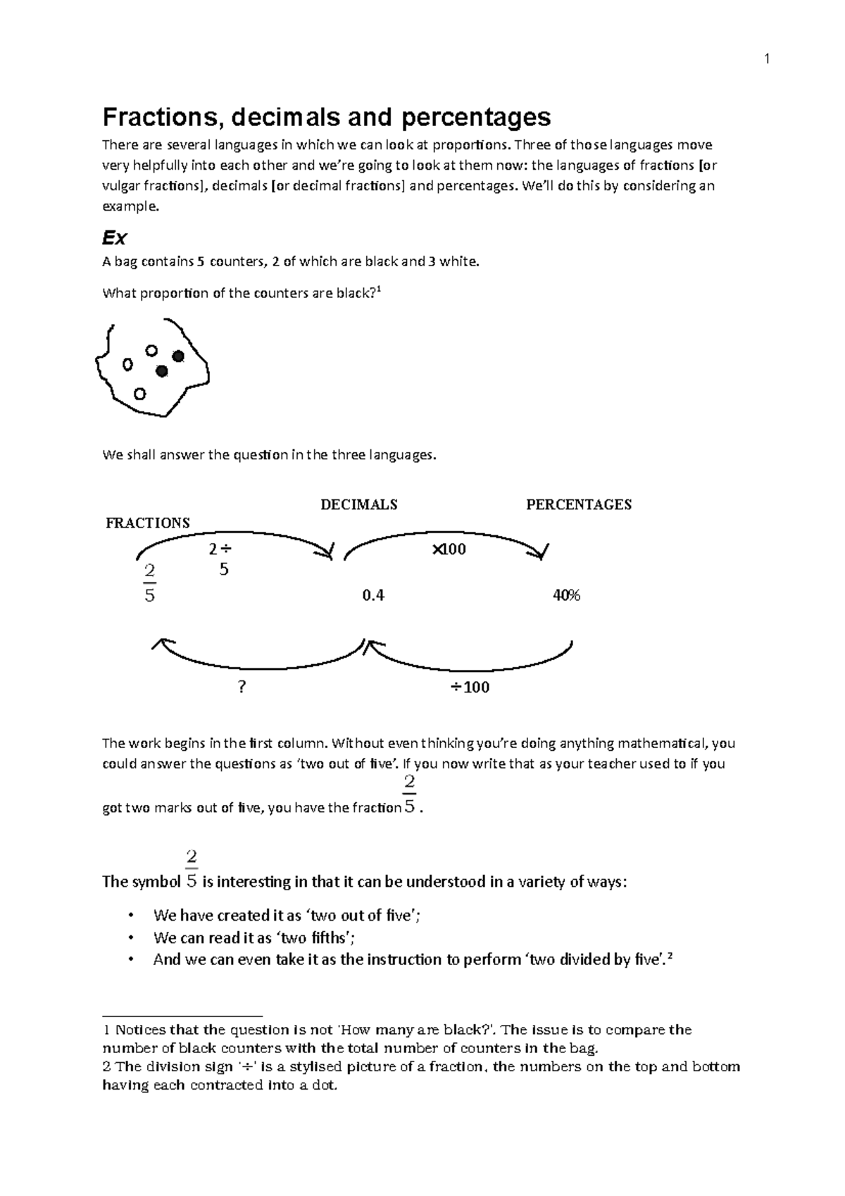 Explaining Fractions Decimals Percentages Notes Week Two - Fractions ...