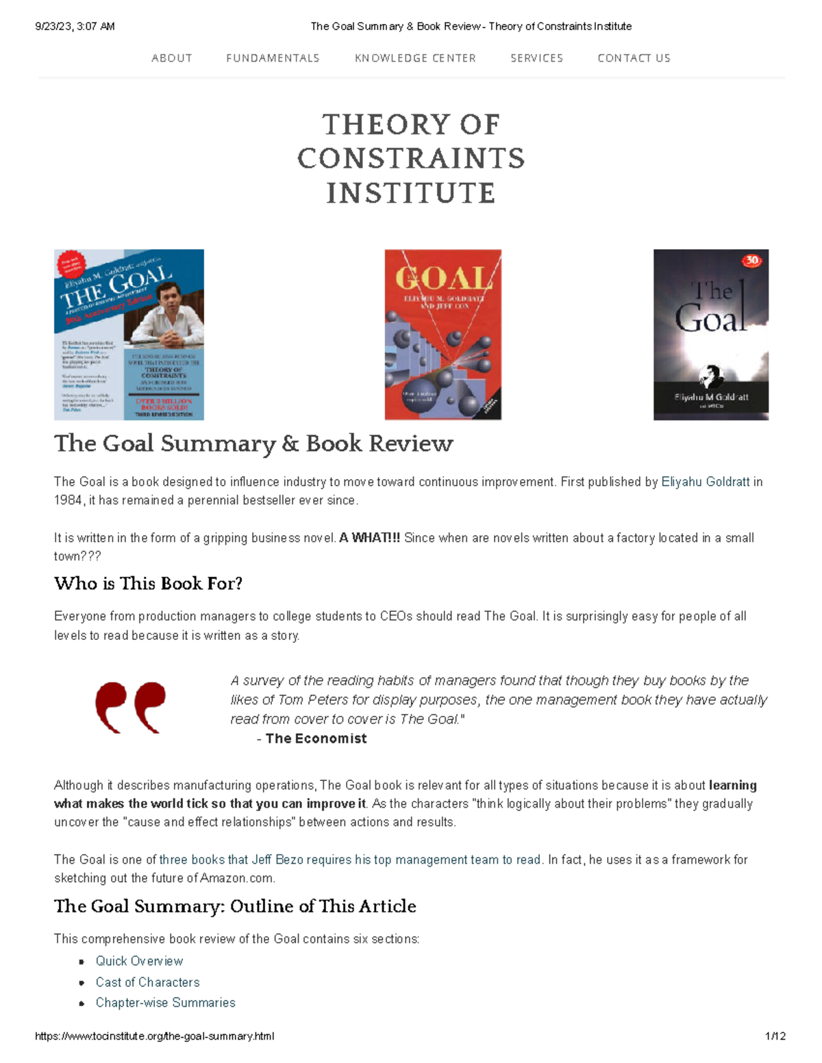 The Goal Summary Book Review - Theory of Constraints Institute - The Goal Summary & Book Review ...