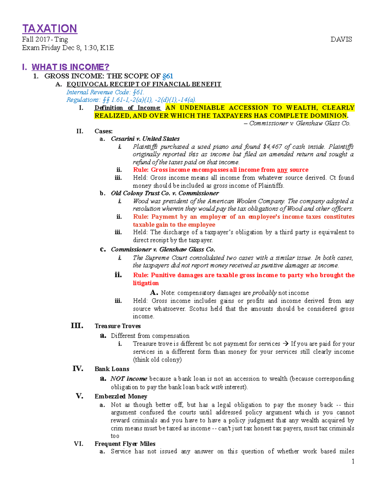 Federal Income Tax Outline (Law School - Ting) - TAXATION Fall 2017 ...