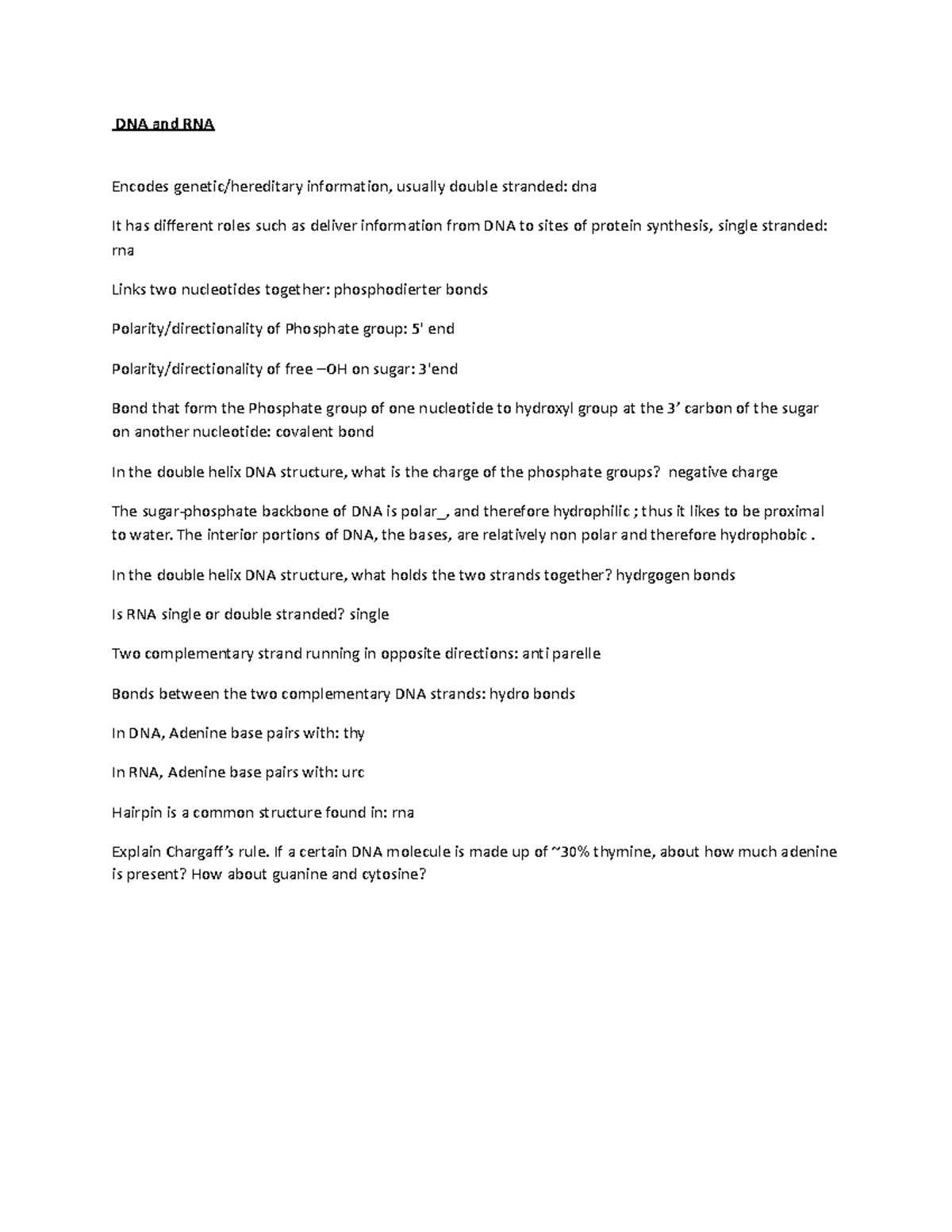 DNA and RNA - dna notes - DNA and RNA Encodes genetic/hereditary ...