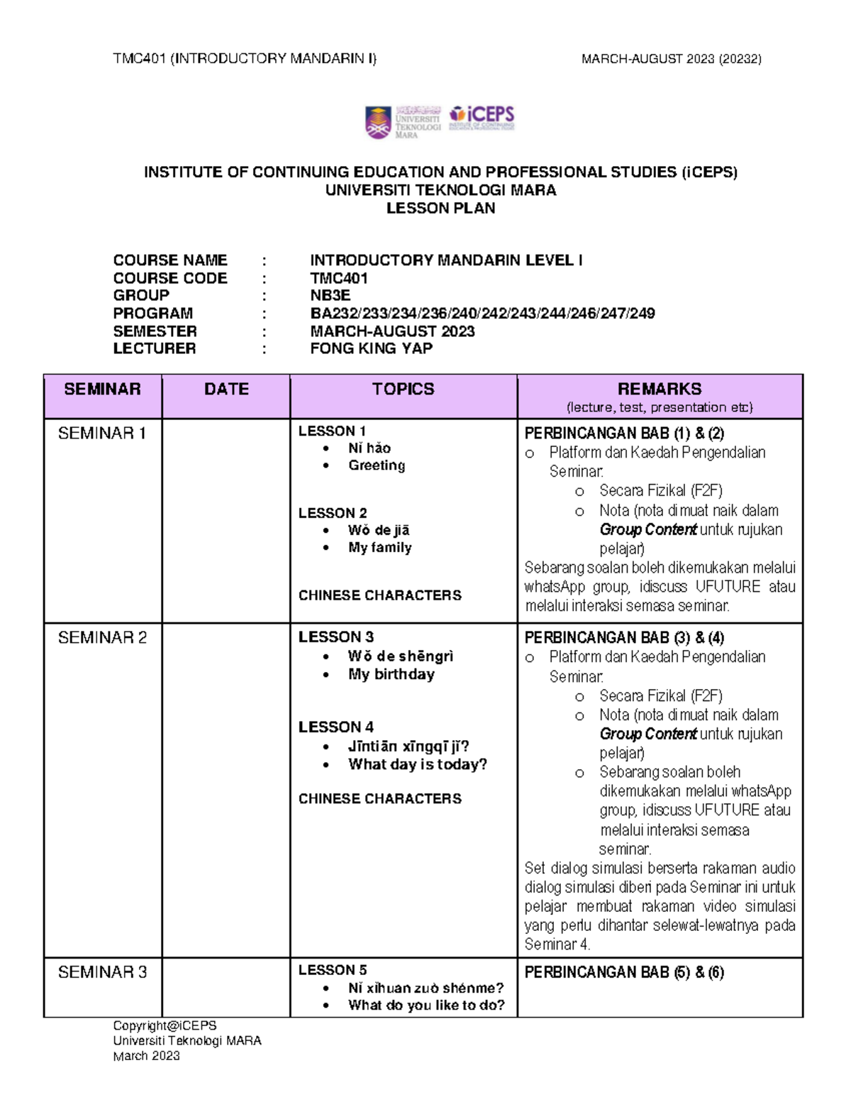 TMC401 Lesson PLAN FOR SEM March- August 2023 Iceps NB3E - TMC401 ...