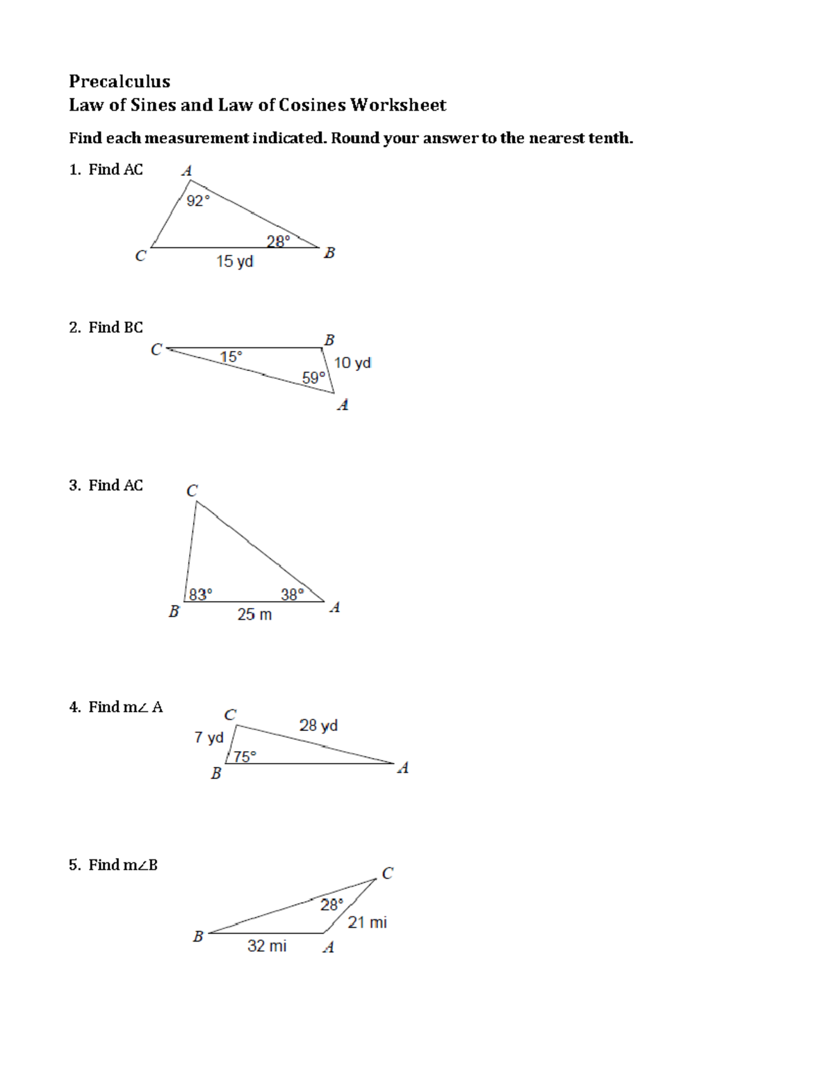 Law of Sines and Cosines WS - Precalculus Law of Sines and Law of ...