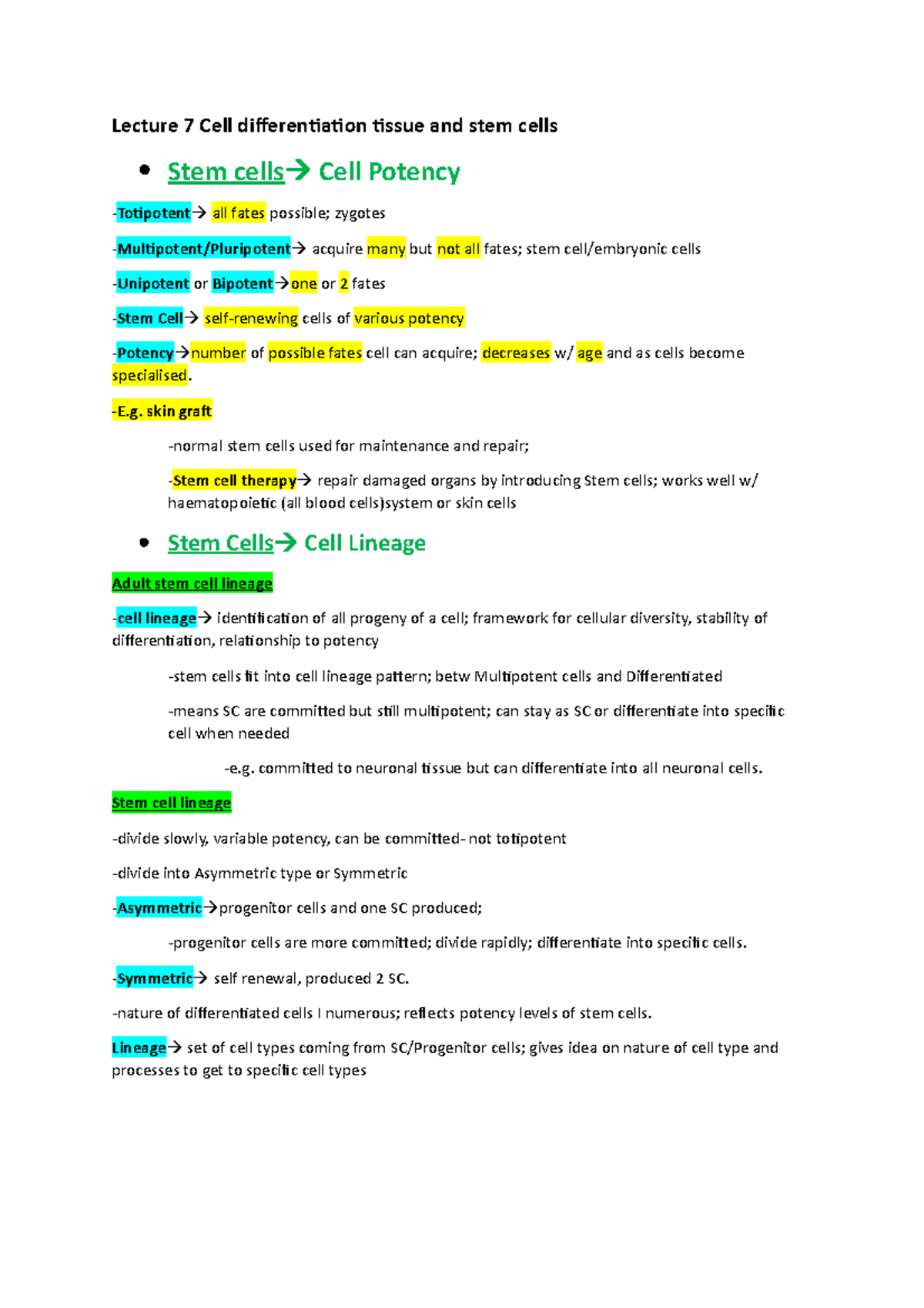 Lecture 7 cell differentiation, tissue, stem cells - Lecture 7 Cell ...