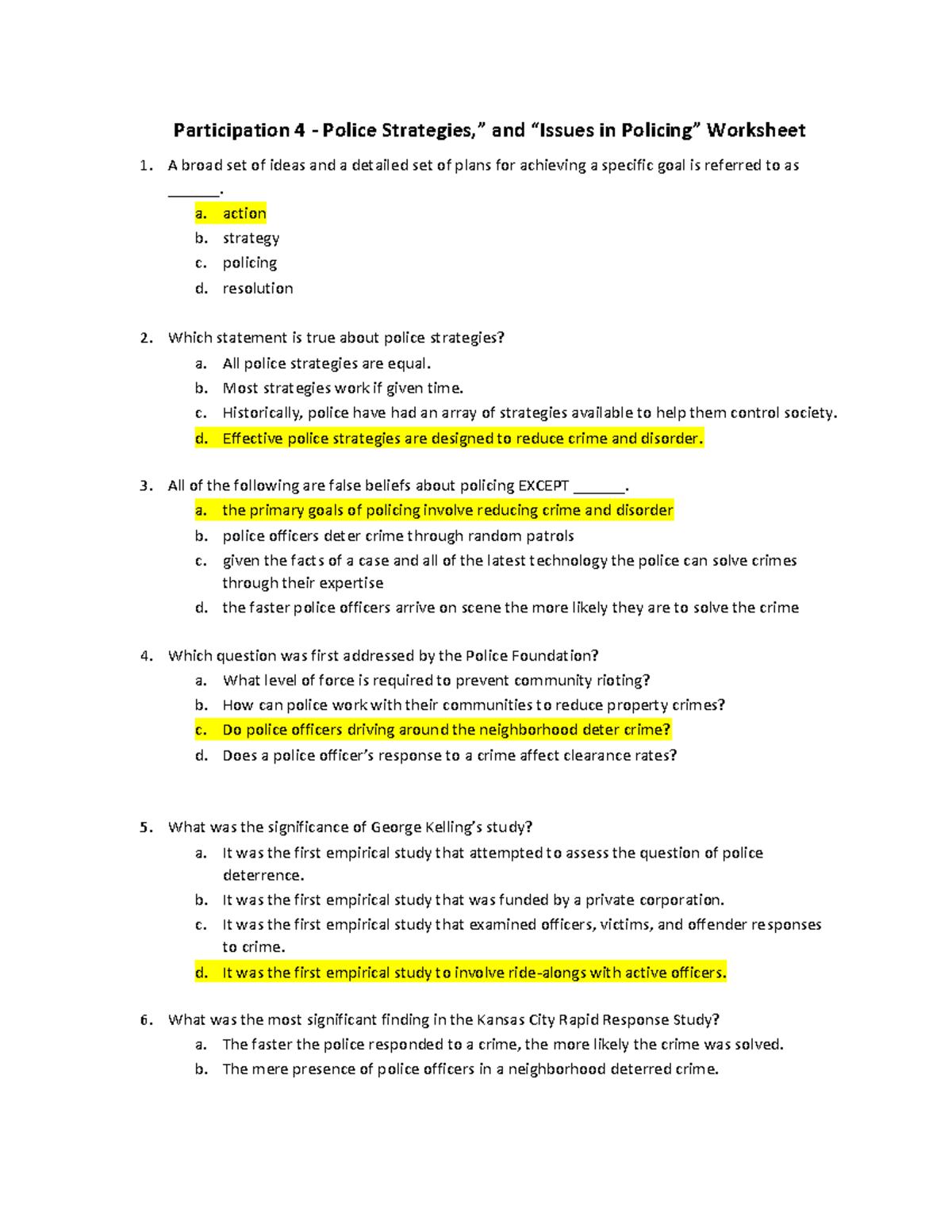 Particpation Worksheet #4 - Participation 4 - Police Strategies,” and ...