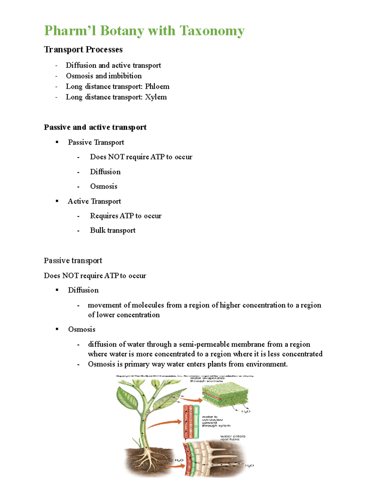 Transport Processes (printed) - Pharm’l Botany with Taxonomy Transport ...