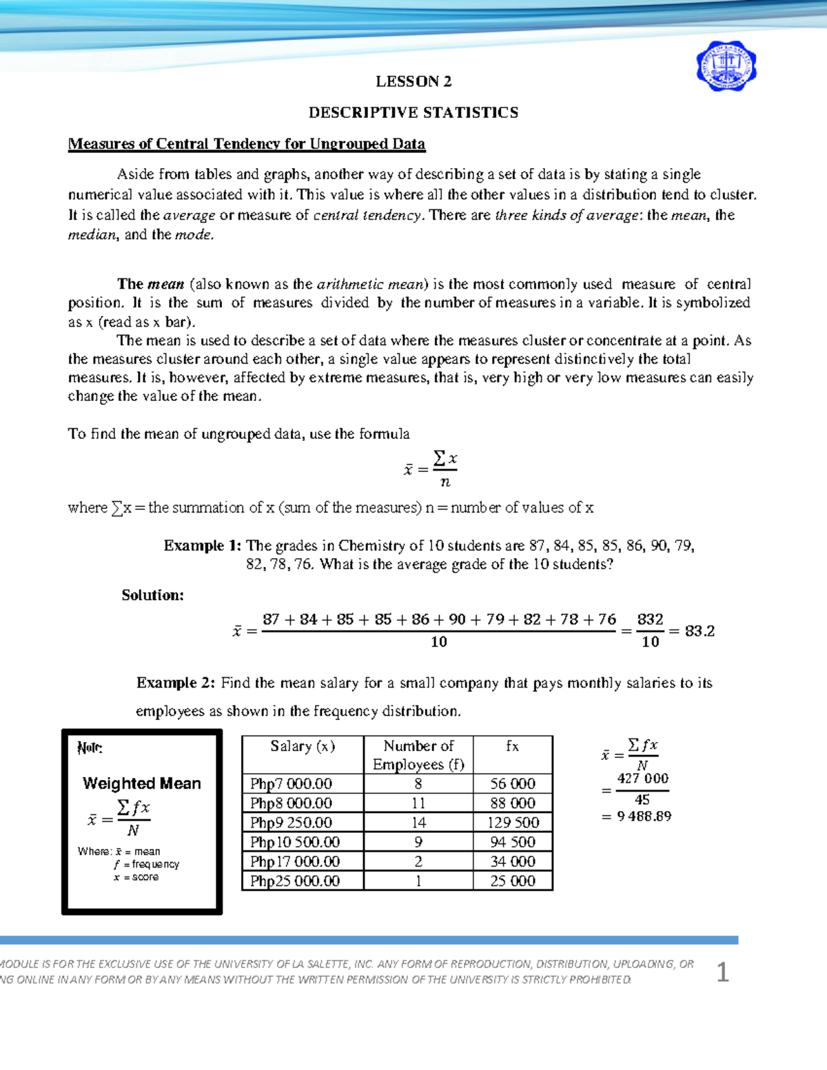 SD, Variance - Mmw module 4 - HE EXCLUSIVE USE OF THE UNIVERSITY OF LA SALETTE, INC. ANY FORM OF ...