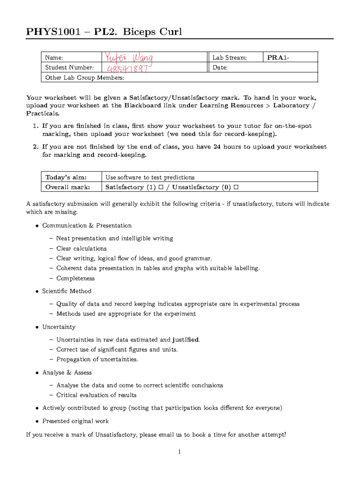 PHYS1001 Labs 2024 PL2 bicep forces - PHYS1001 – PL2. Biceps Curl Name: Lab Stream: PRA1 ...