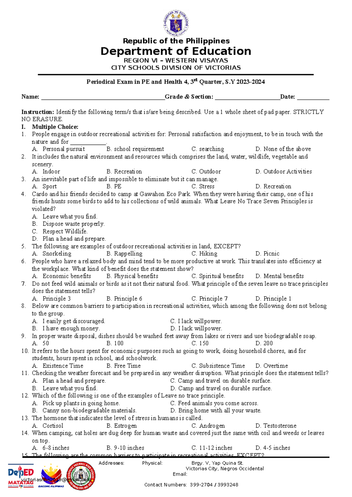 Periodical test in pe 4 - Republic of the Philippines Department of ...