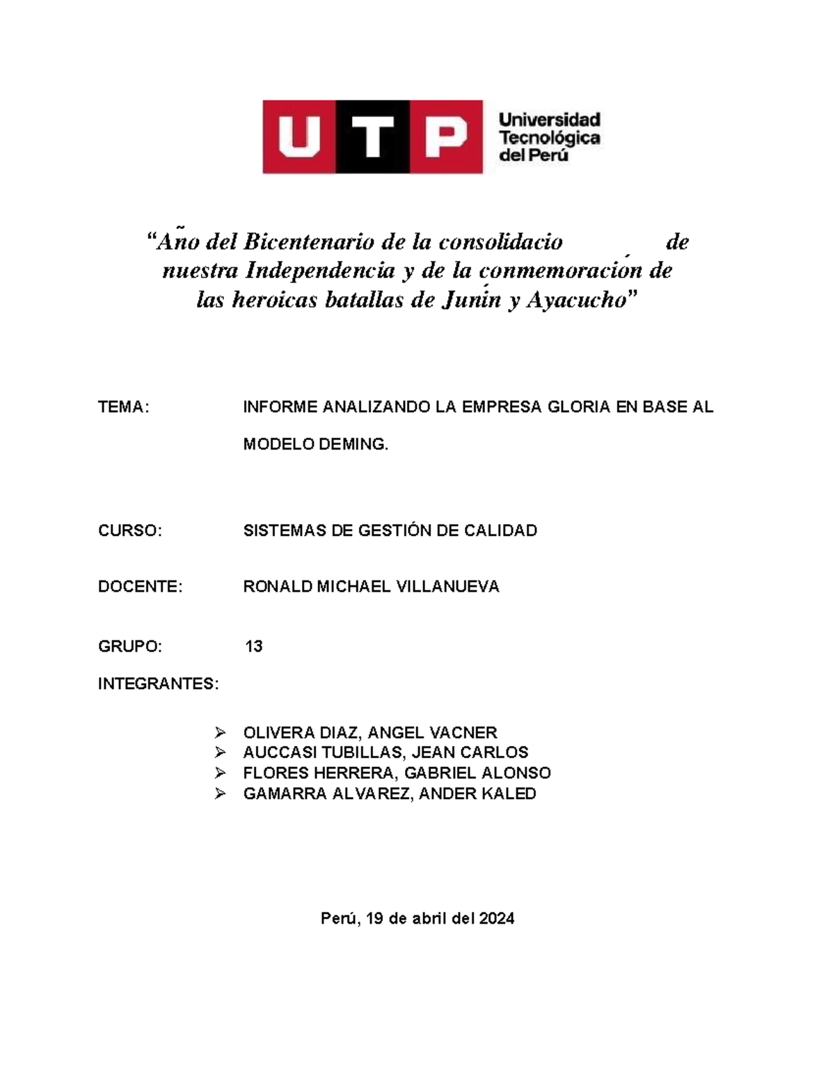 Semana 4 - TEMA 2 - TAREA DE GESTION DE PROYECTO UTP 2024 - “𝑨𝒏̃𝒐 𝒅𝒆𝒍 𝑩𝒊𝒄𝒆𝒏𝒕𝒆𝒏𝒂𝒓𝒊𝒐 𝒅𝒆 𝒍𝒂 - Studocu