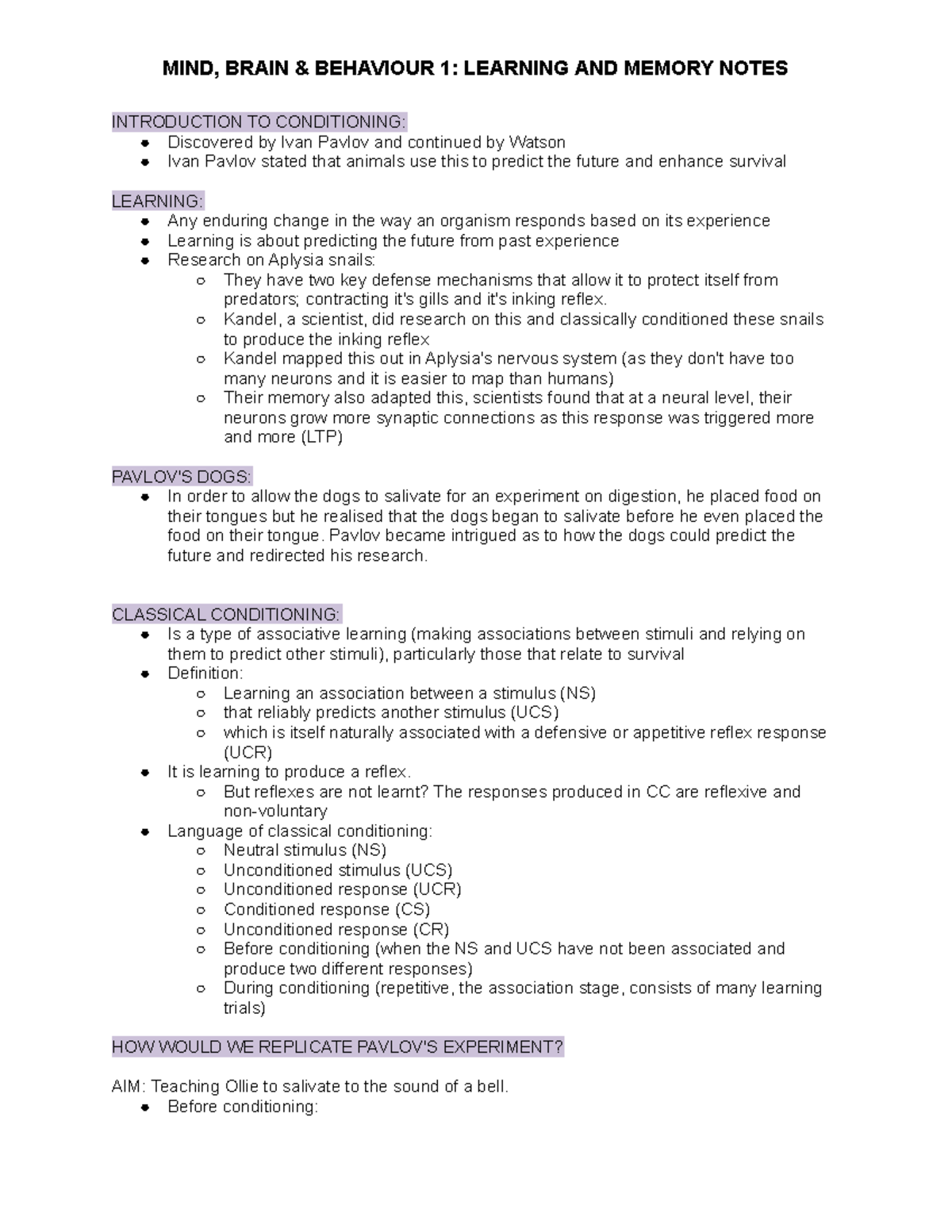 Mind Brain And Behaviour 1 Learning And Memory Lecture Notes Introduction To Conditioning