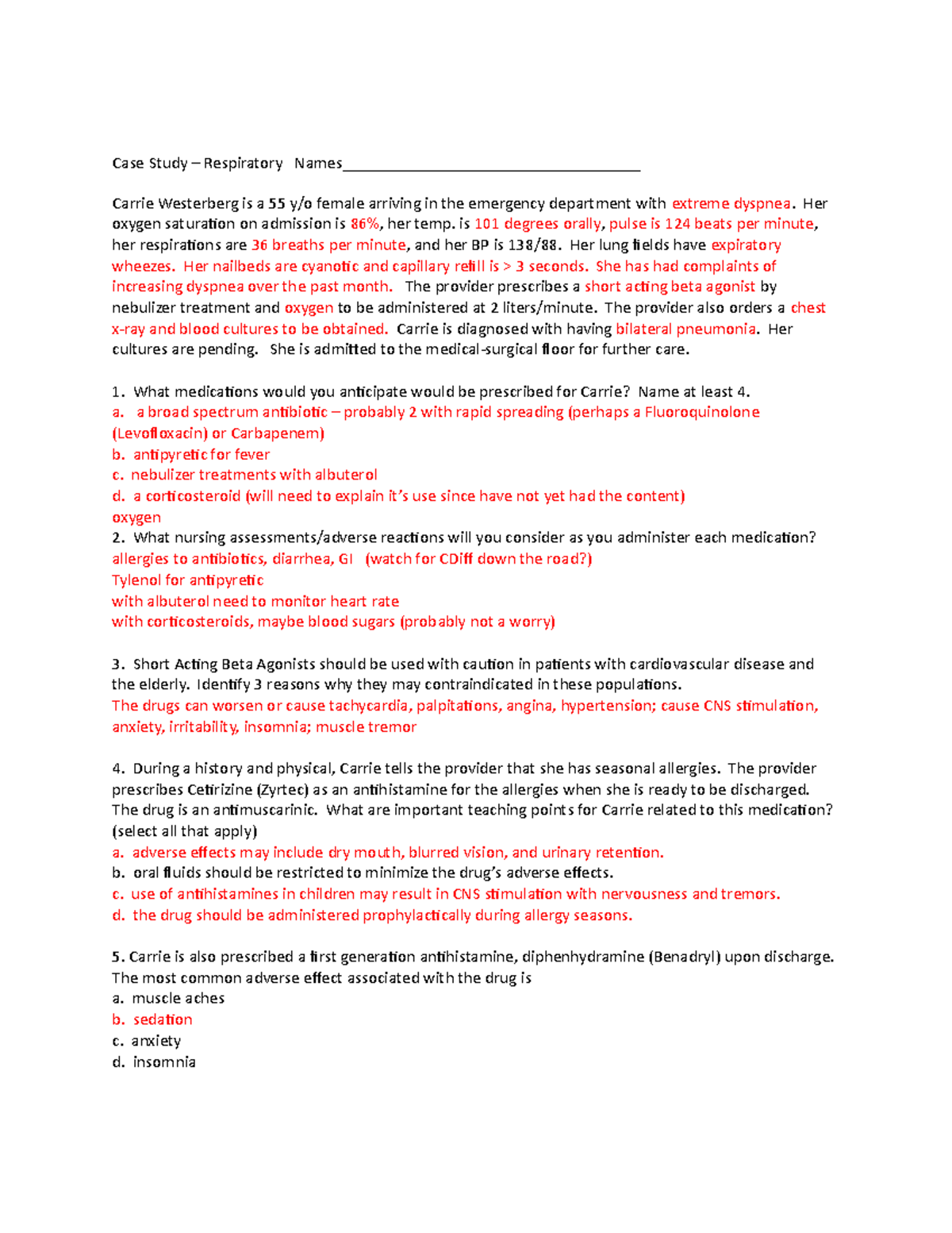 Case Study Respiratory (Answers) NUR341 - Case Study – Respiratory ...