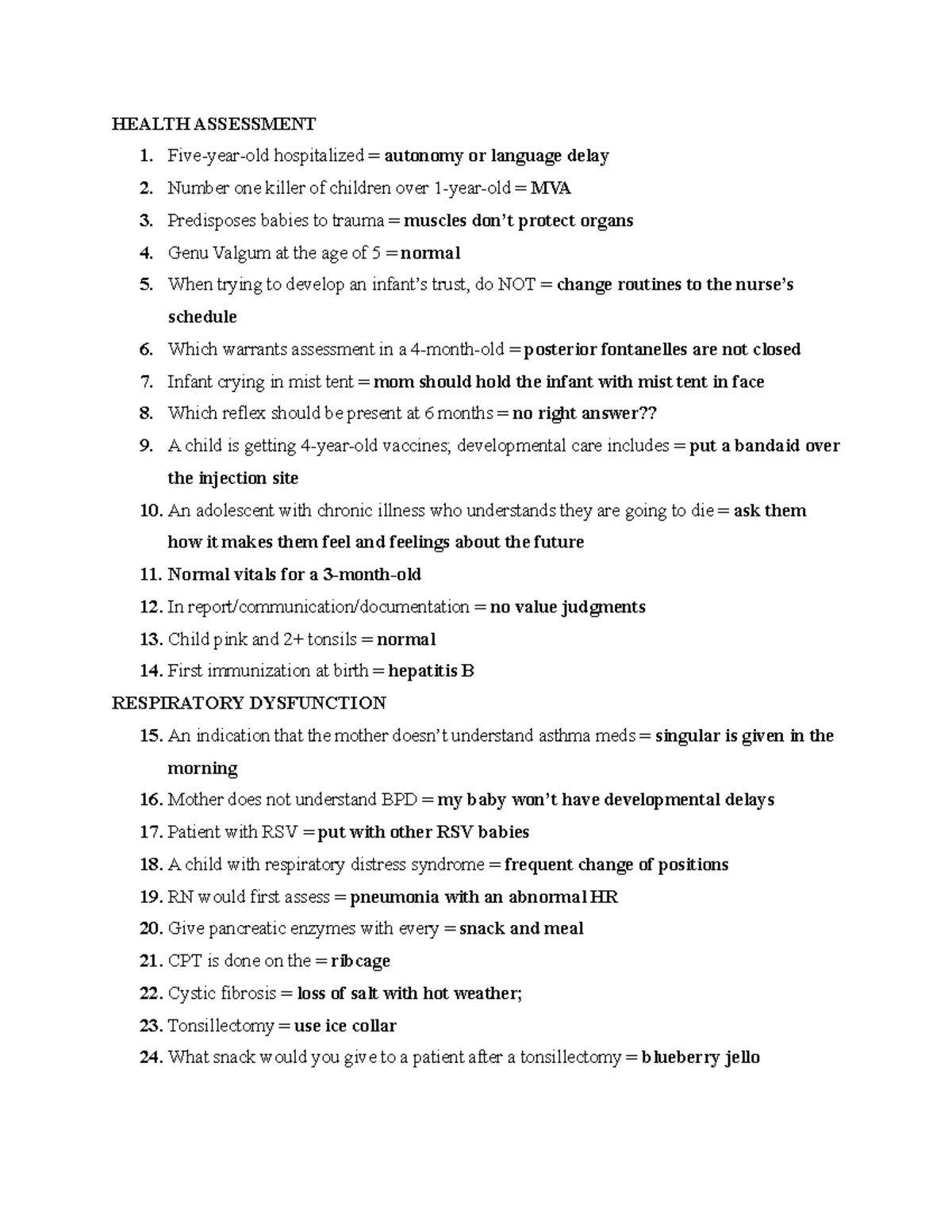 Previous Pediatric Questions - HEALTH ASSESSMENT Five-year-old ...