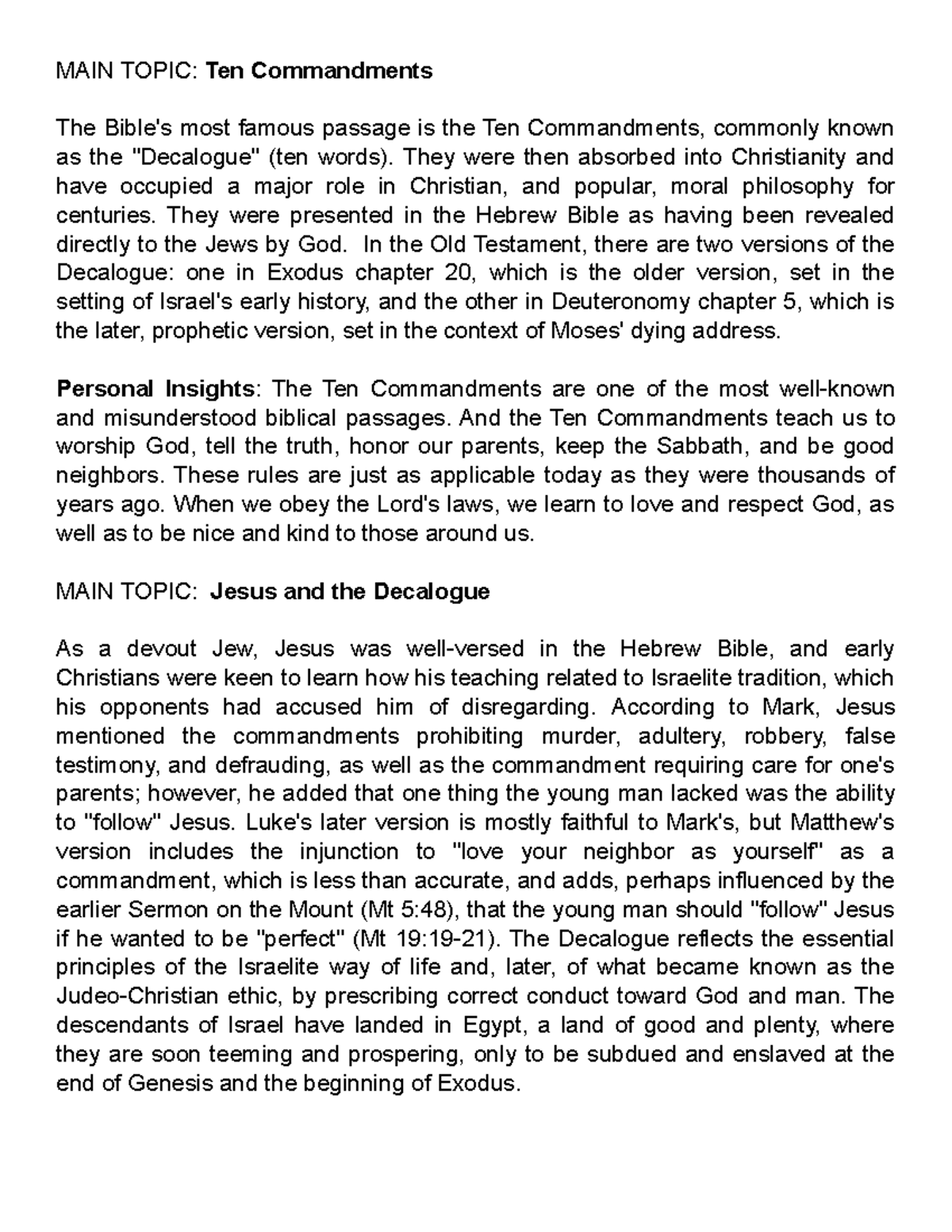 RS nako - Essay answers - MAIN TOPIC: Ten Commandments The Bible's most ...