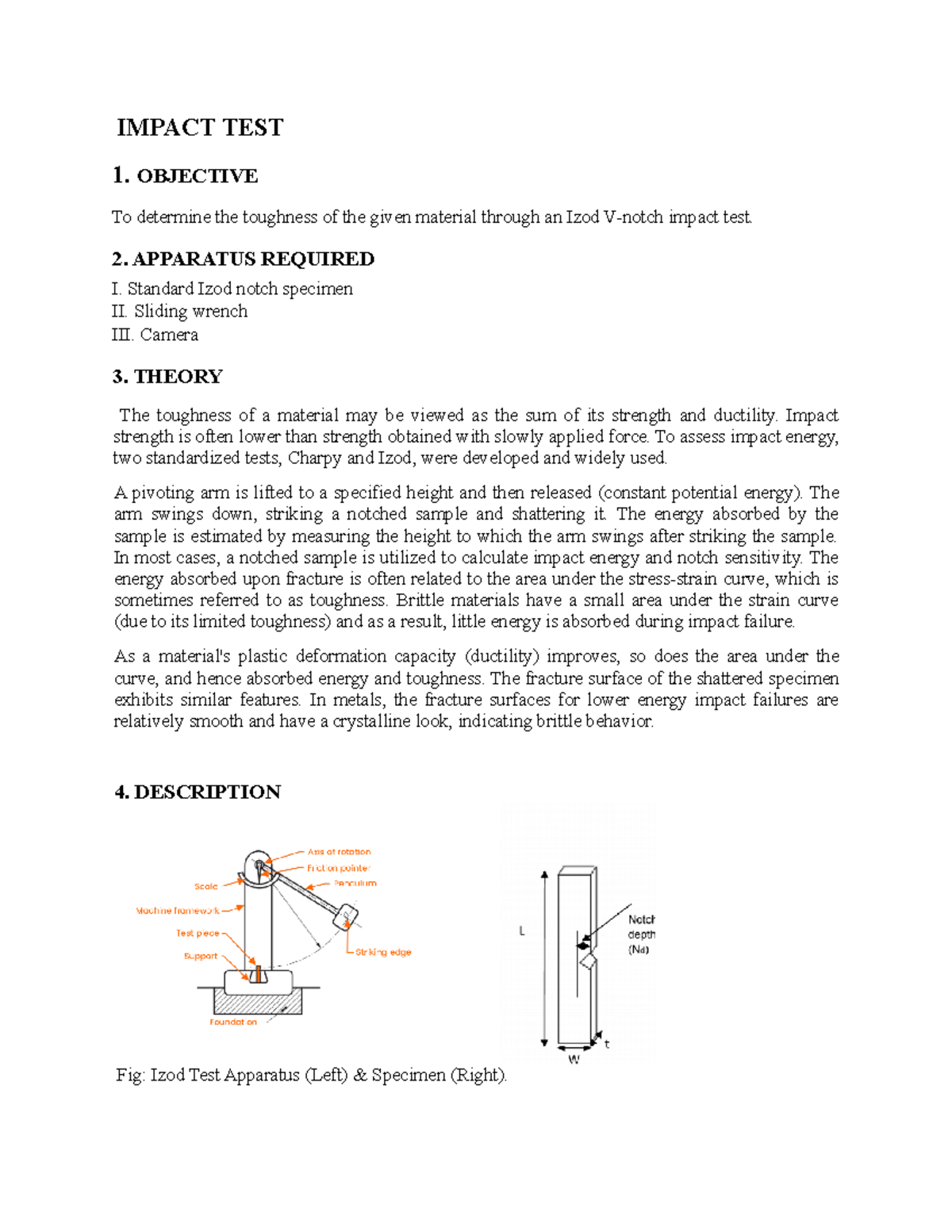 Impact test Using Izod - IMPACT TEST 1. OBJECTIVE To determine the ...