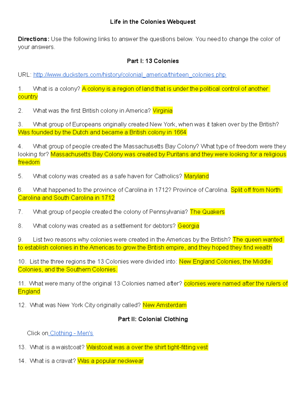 Life in the Colonies Webquest - Life in the Colonies Webquest ...