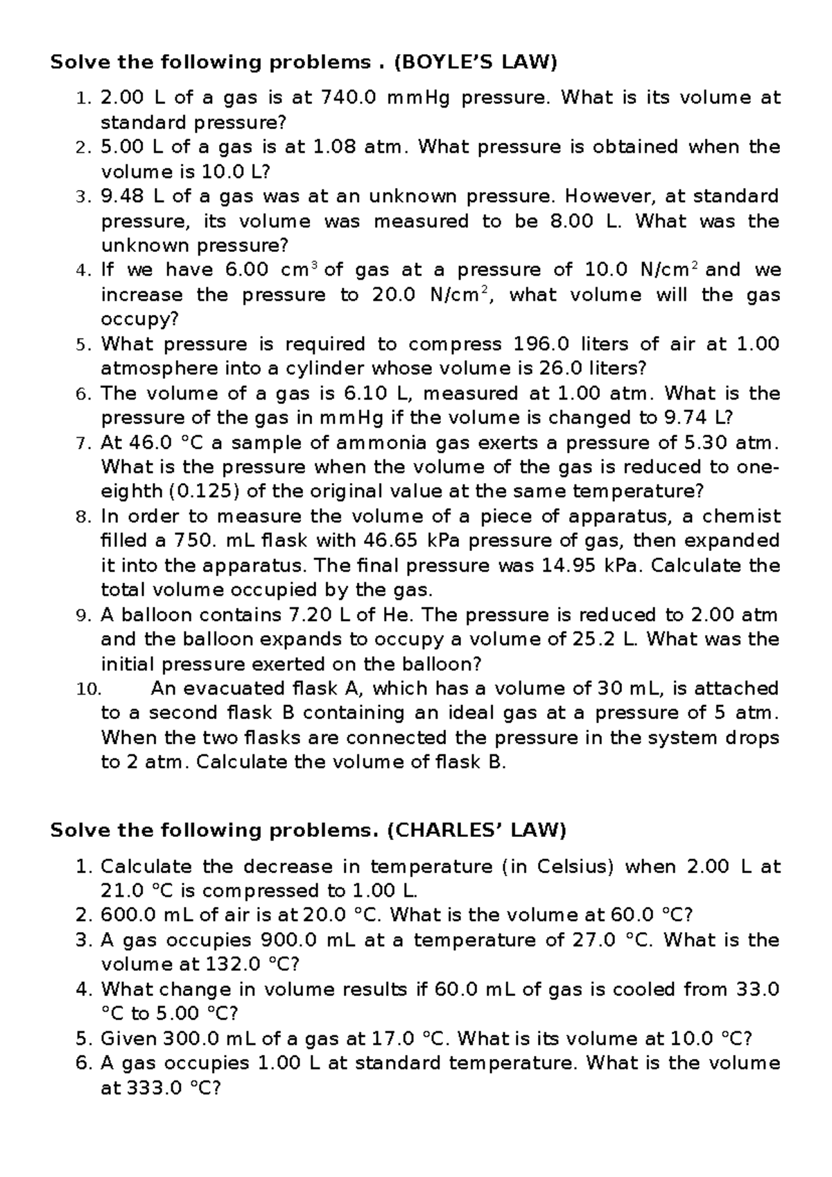 Ivity Sheets FOR Boyles LAW Charles LAW GAY Lussacs LAW - Solve the ...