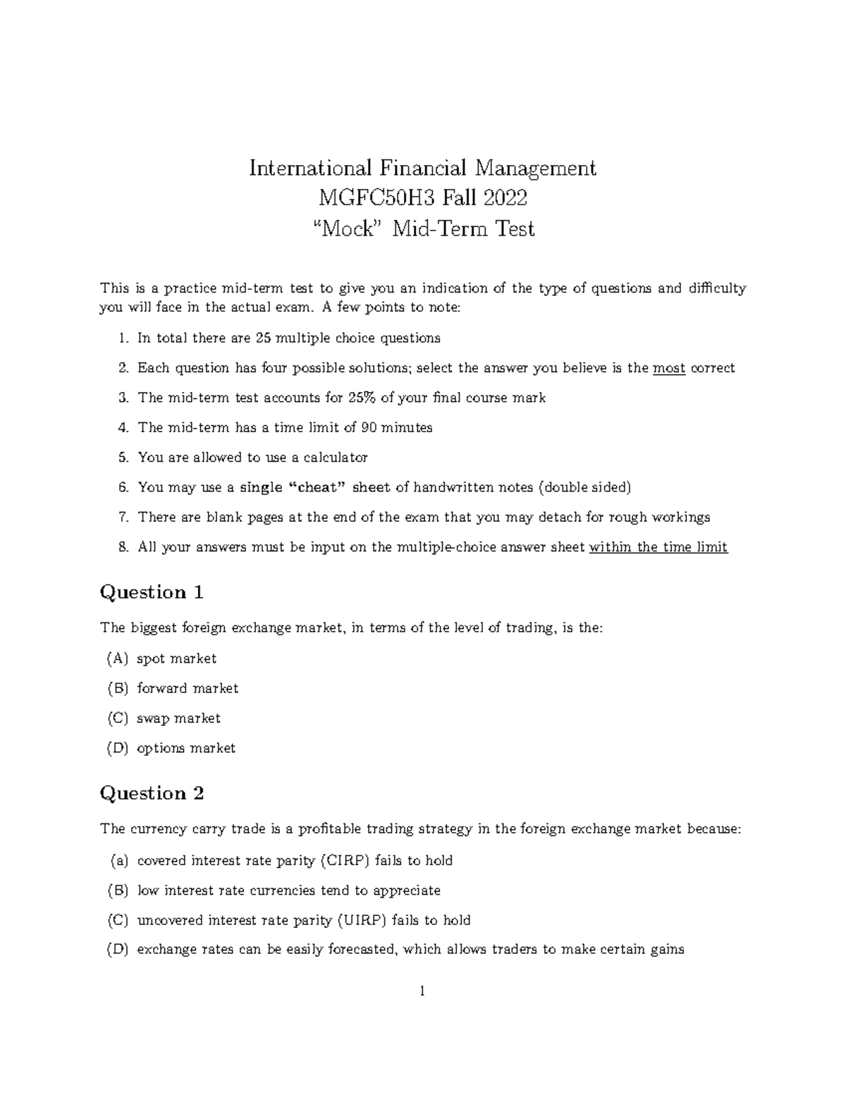 MGFC50 mock exam - Summary Intermediate Finance - International Financial Management MGFC50H3 ...