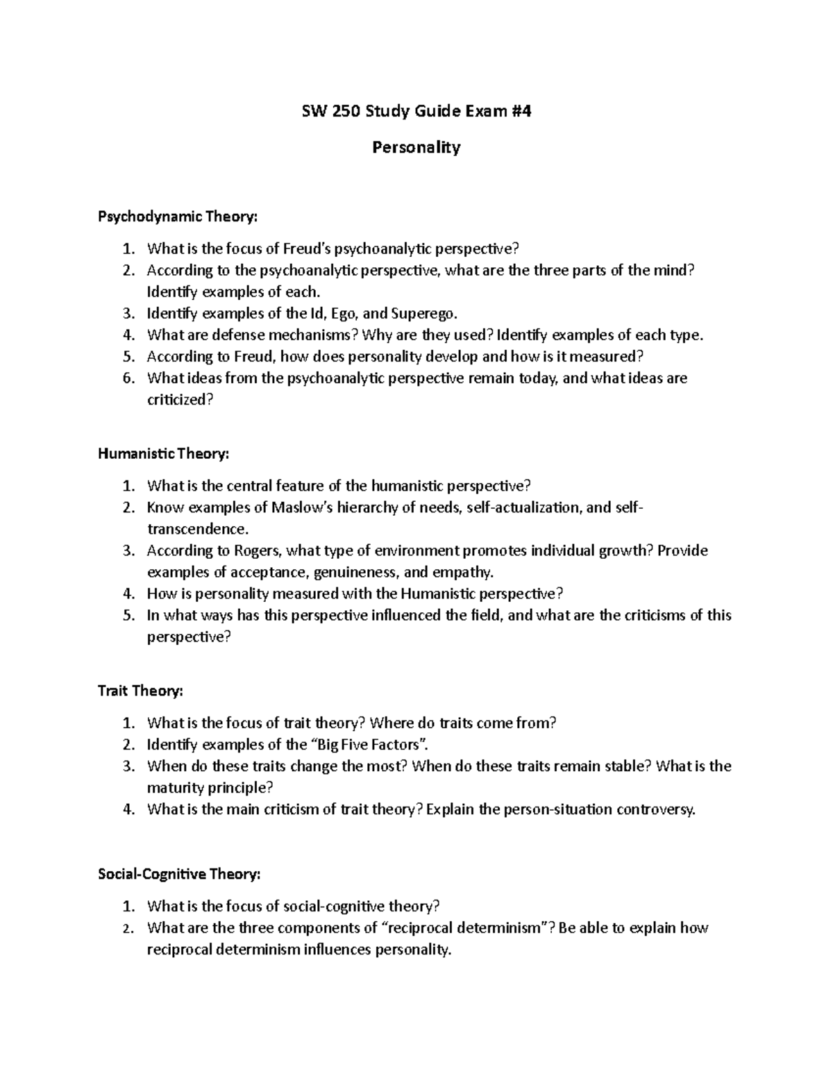 Personality Study Guide Exam 4 - SW 250 Study Guide Exam Personality ...