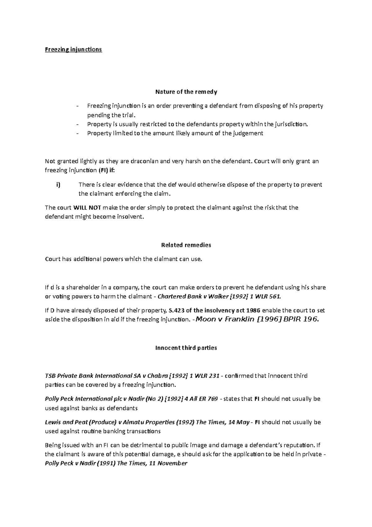 Reading - A bunch of notes for units 1-5 - Freezing injunctions Nature ...