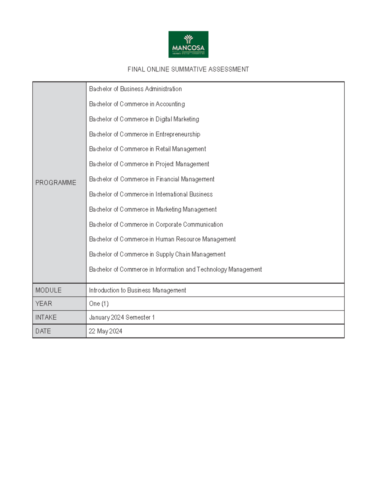 OSA Question Paper MAY 2024 - MANCOSA HONORIS UNITED UNIVERSITIES FINAL ...