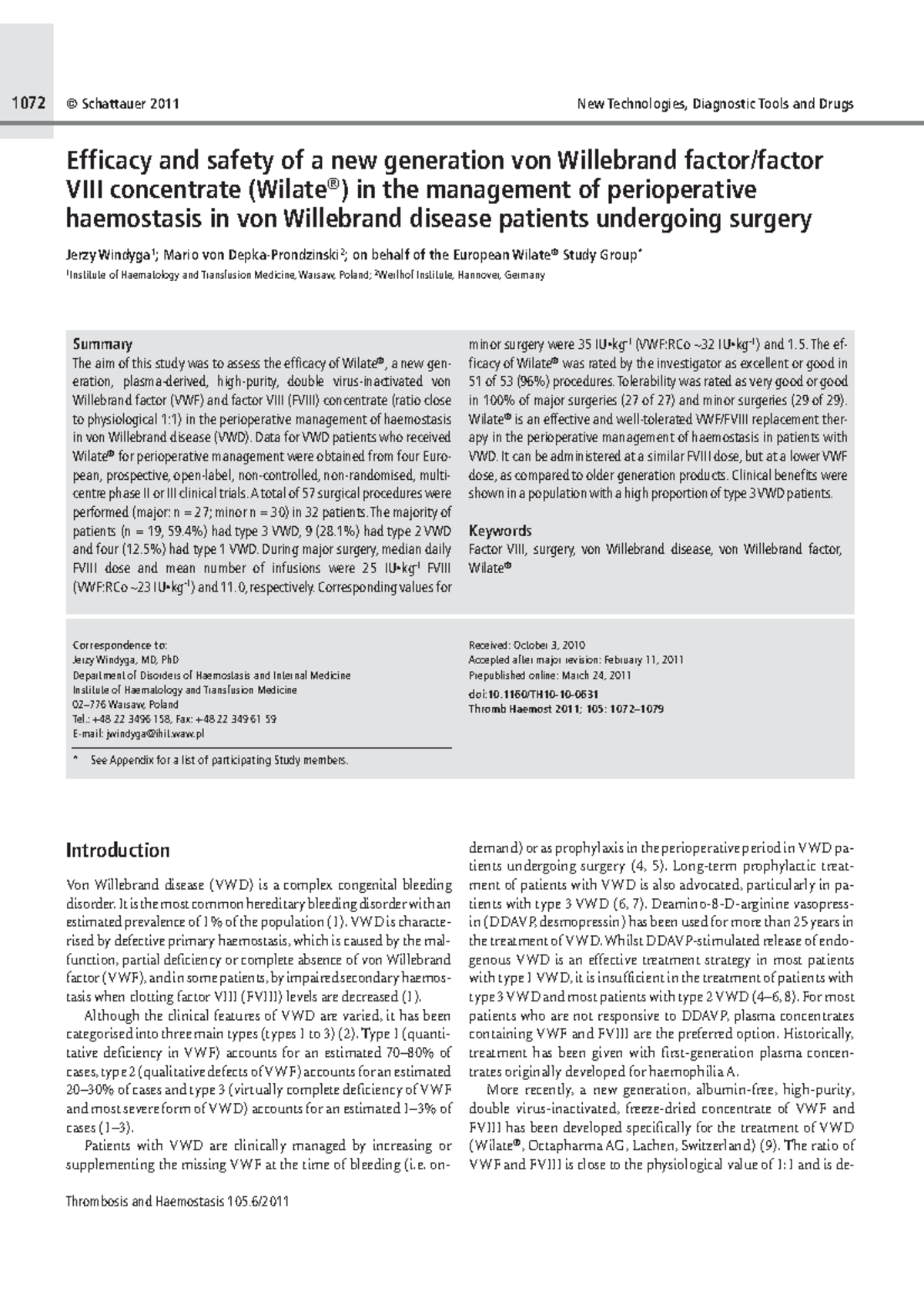 Windyga, Depka-Prondzinski 2011 - Efficacy and safety - Thrombosis and ...